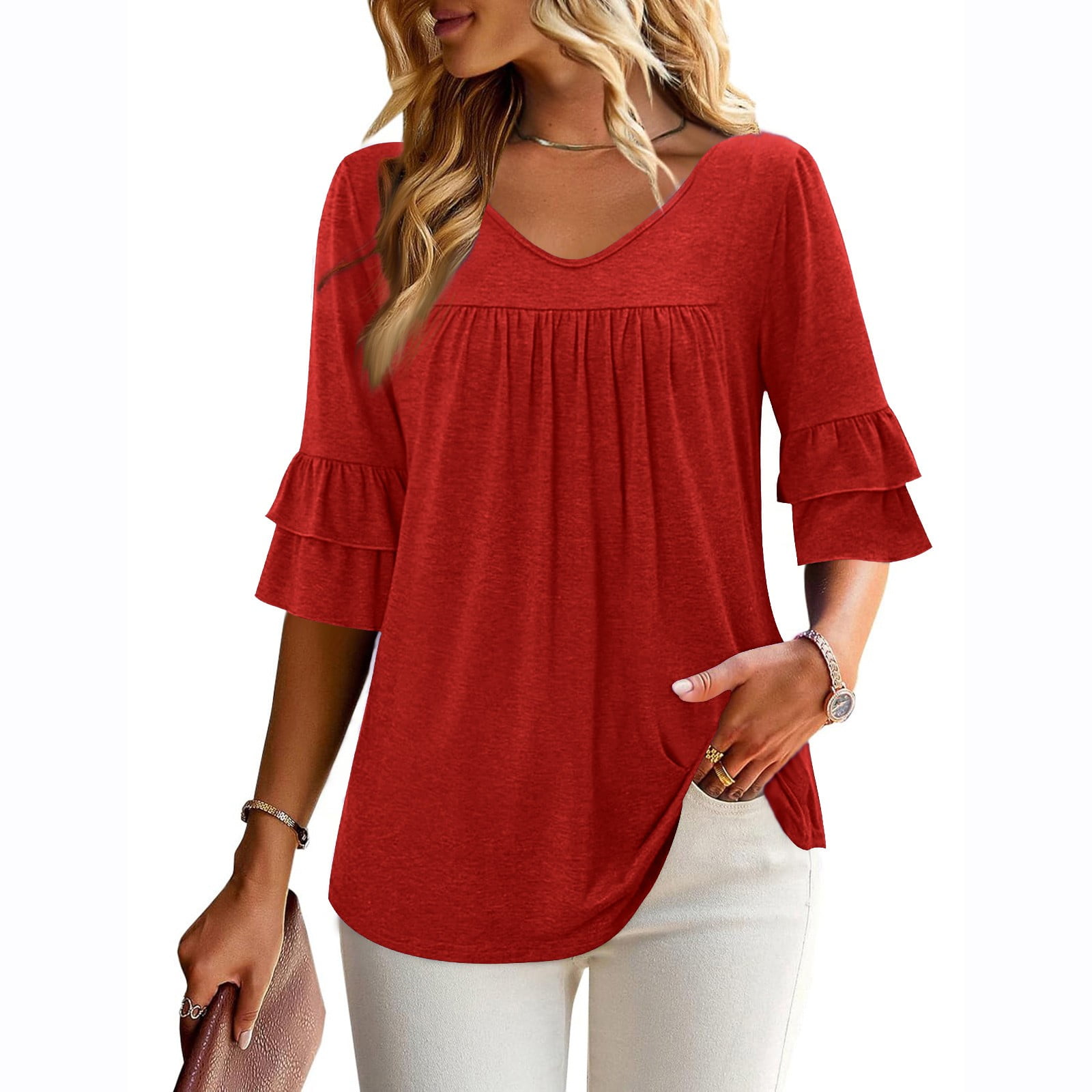 bbyeadc 3/4 Sleeve Blouses for Women 2025 V Neck Tiered Cuffs Ruched ...