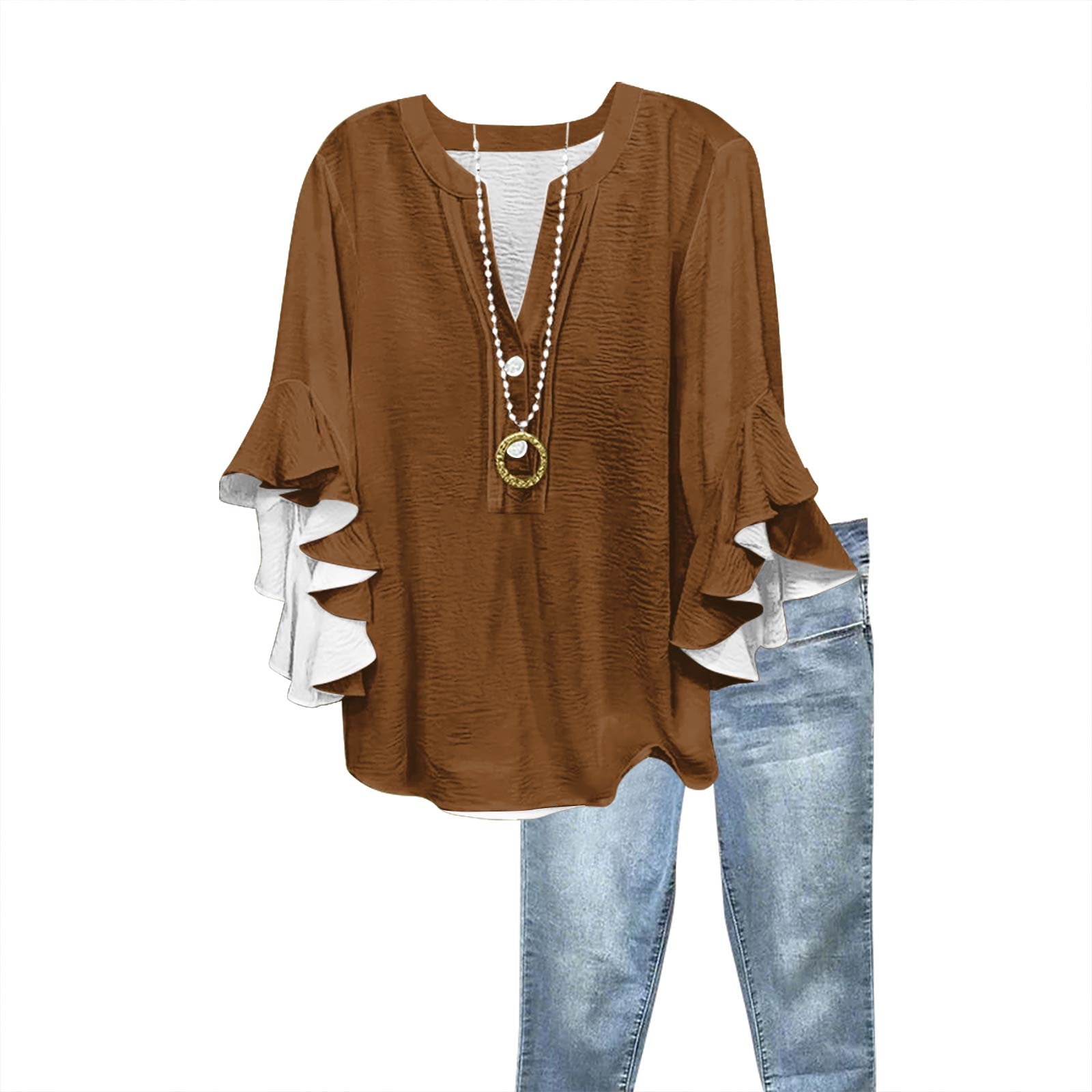 bbyeadc 3/4 Sleeve Tops for Women V Neck Henley Half Ruffle Sleeve Top ...