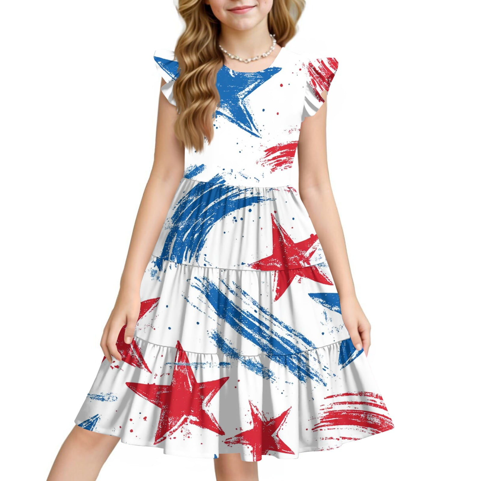 bbyeadc 4th Of July Dresses for Girls Trible Layer Tiered Ruffle Sleeve ...