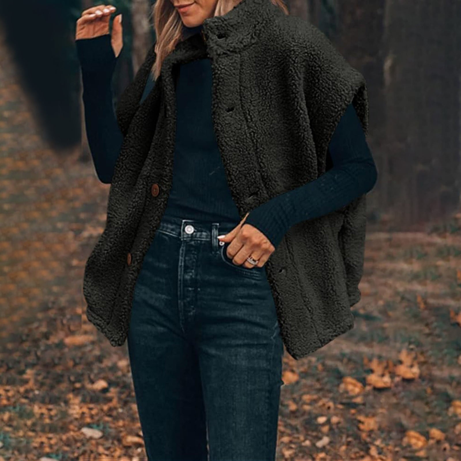 bbyeadc Black Womens Oversized Fleece Vest Casual Sleeveless Button ...