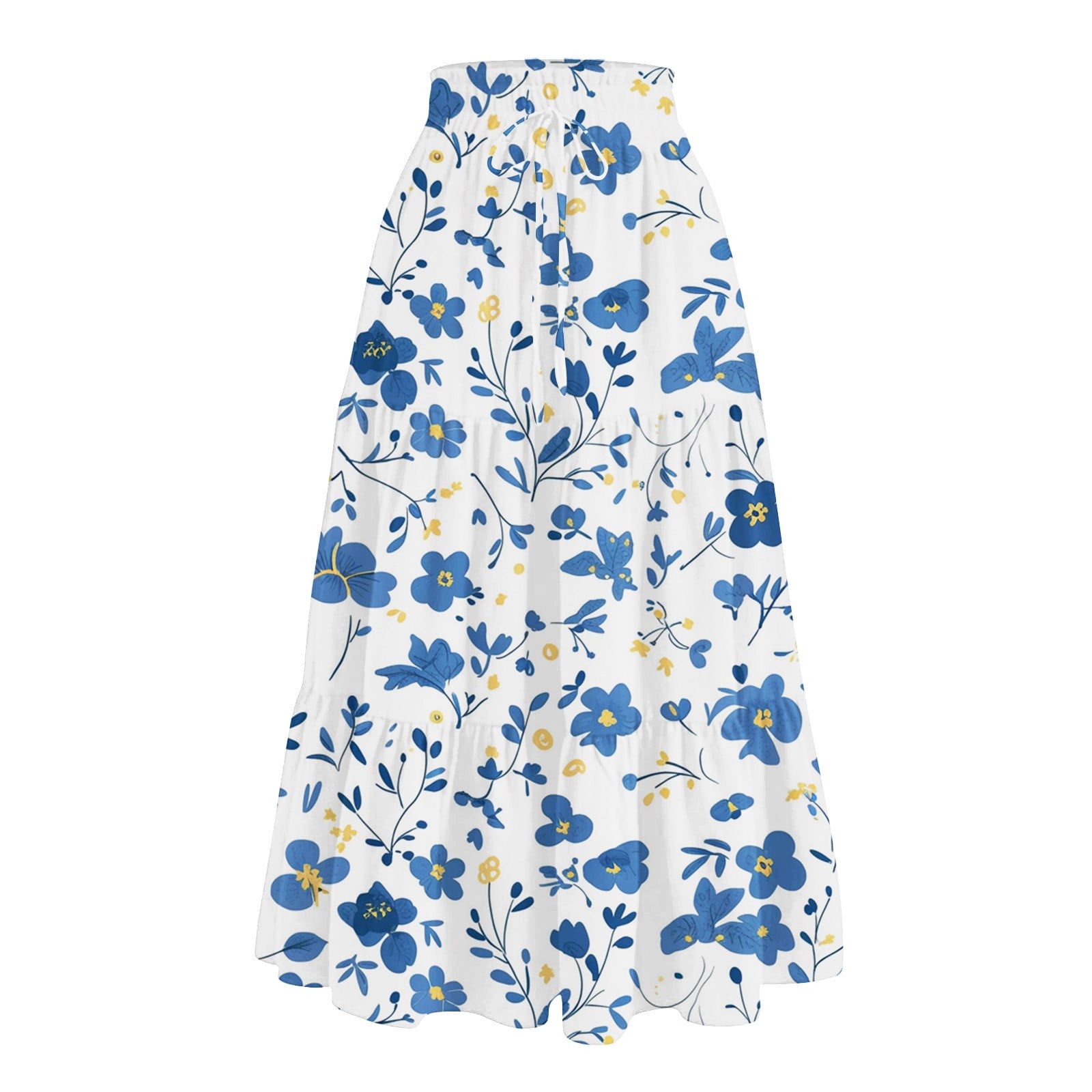 bbyeadc Blue Long Skirts for Women Tiered Elastic High-Waist Boho Maxi ...