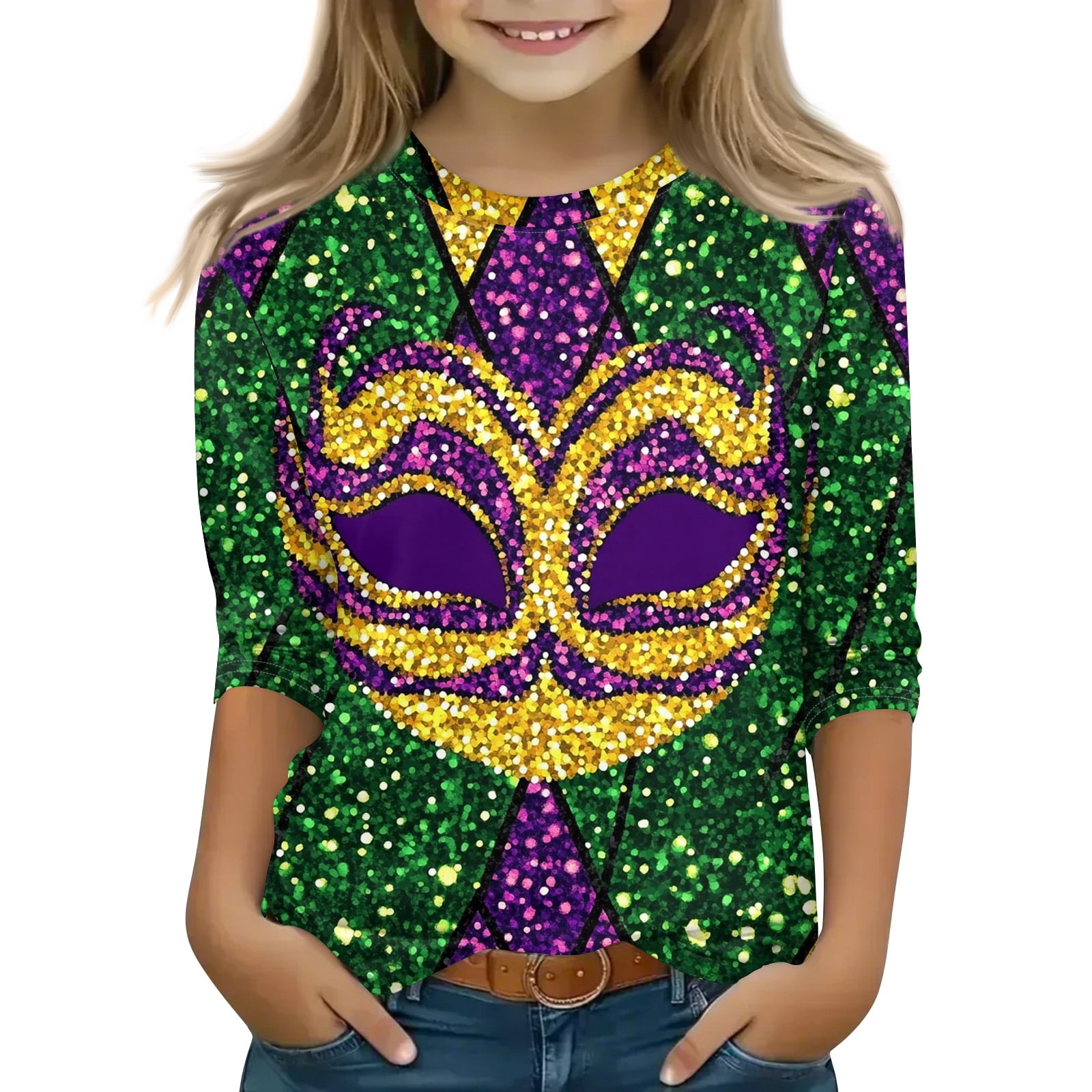 bbyeadc Carnival Kids Shirt Mardi Gras 3/4 Long Sleeve Pullover Cute ...