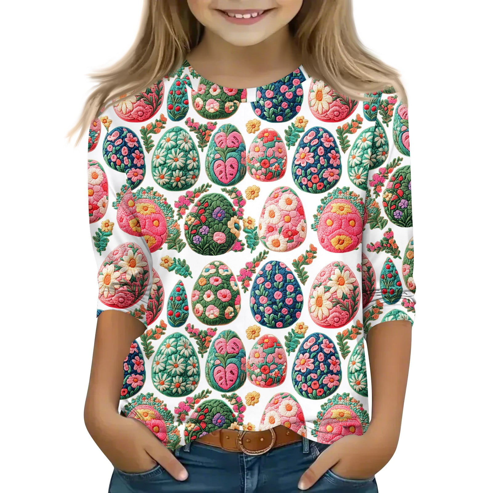bbyeadc Easter Shirts for Girls Happy Easter 3/4 Long Sleeve Top Casual ...