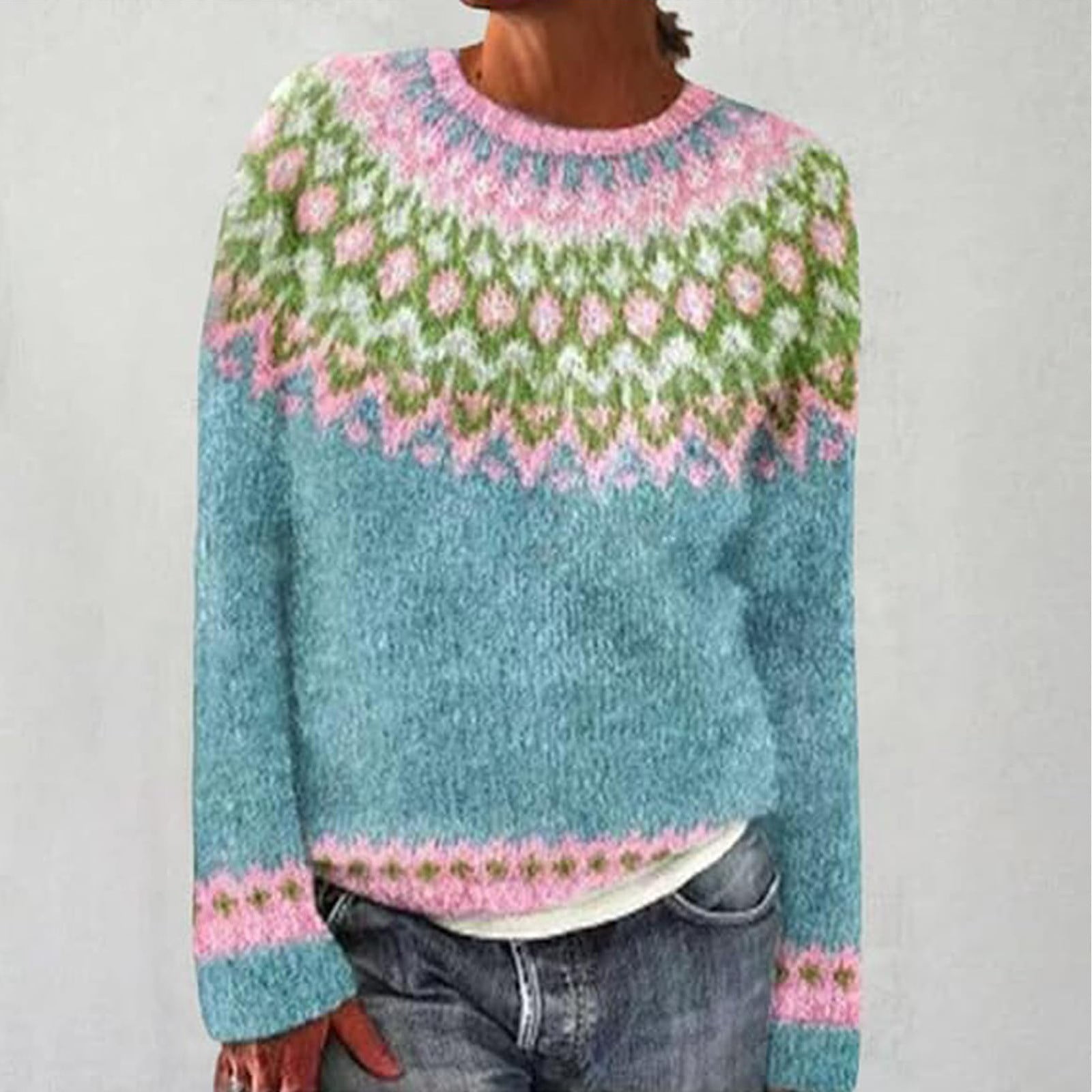 bbyeadc Fair Isle Knitted Sweaters for Women Plus Size Round Neck Long ...