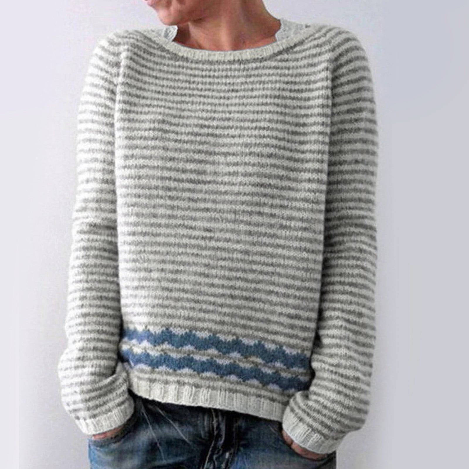 bbyeadc Fair Isle Knitted Sweaters for Women Plus Size Round Neck Long ...