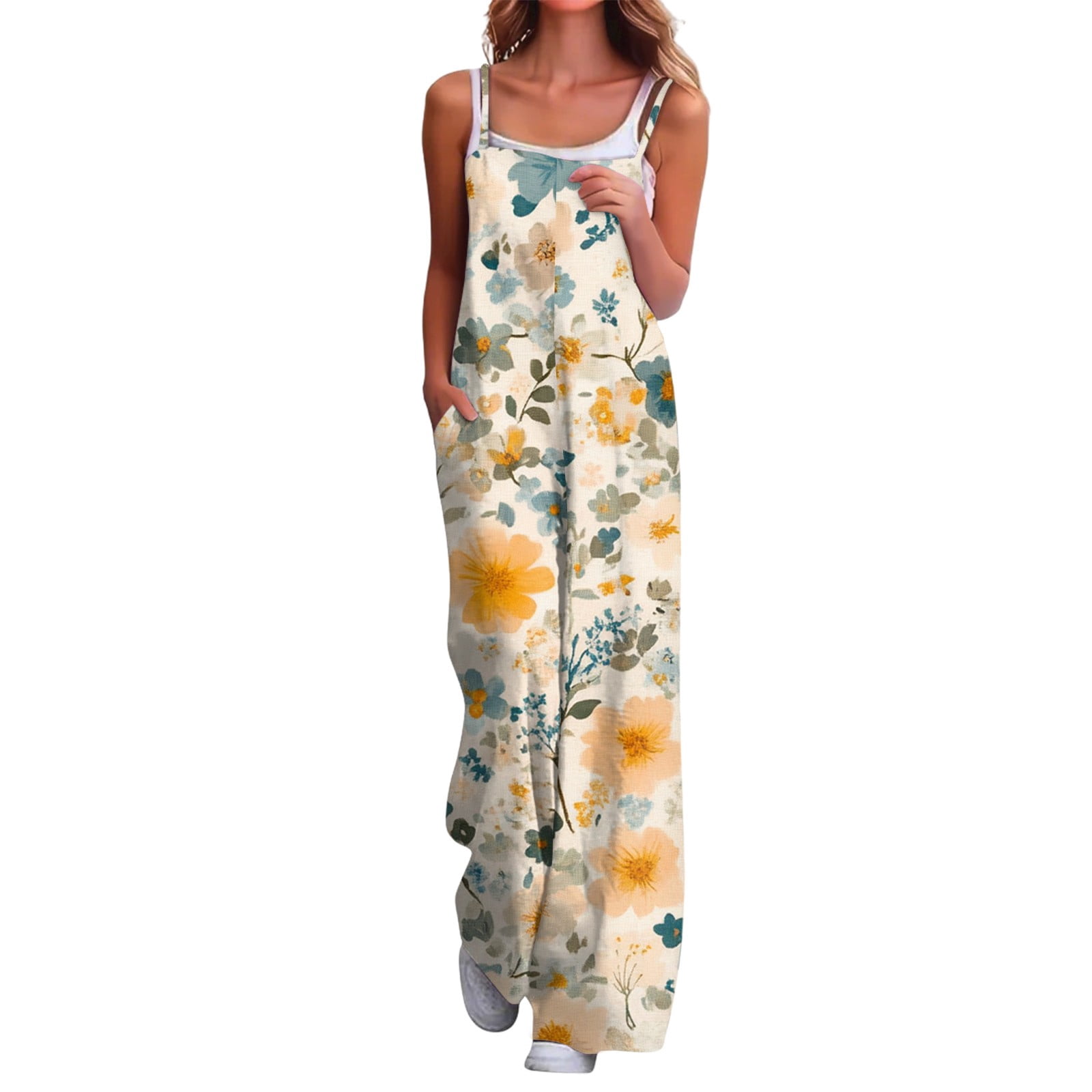 bbyeadc Floral Print Rompers for Women Spring Casual Wide Leg Spaghetti ...
