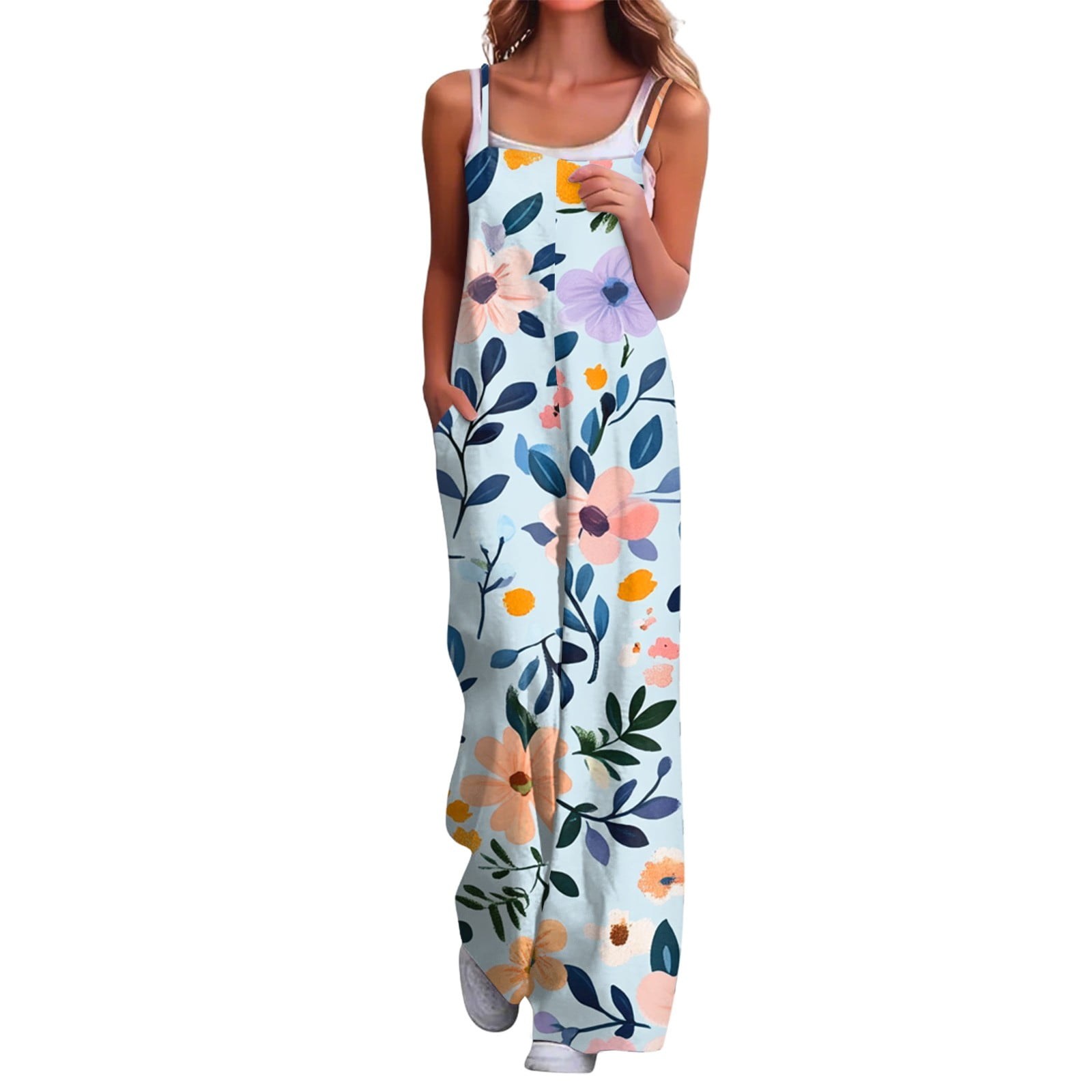 bbyeadc Floral Print Rompers for Women Spring Casual Wide Leg Spaghetti ...