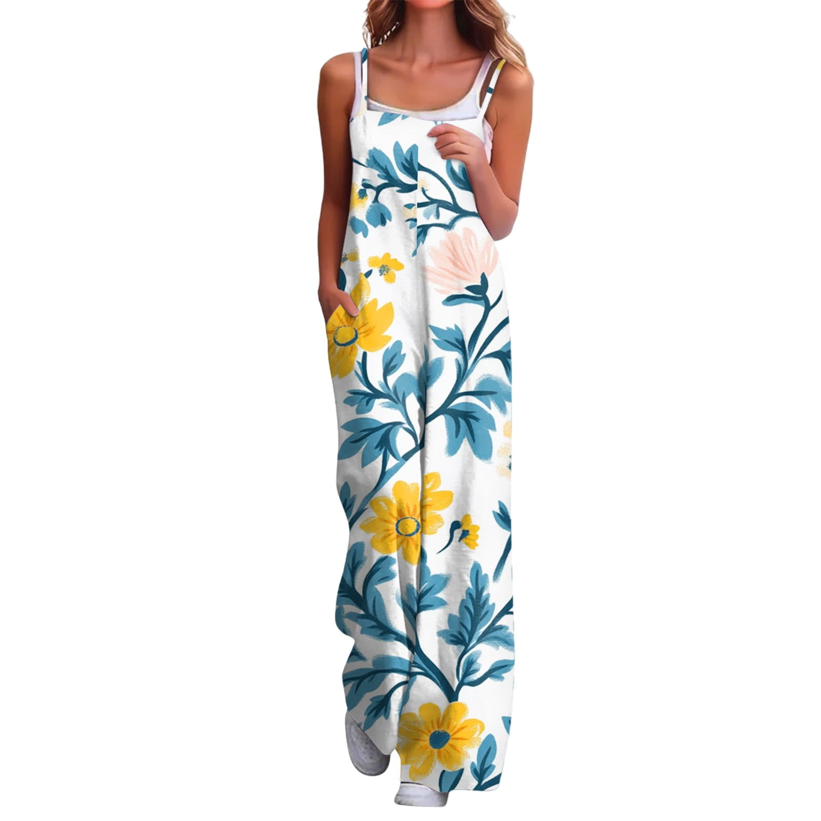 bbyeadc Floral Print Rompers for Women Summer Casual Wide Leg Spaghetti ...