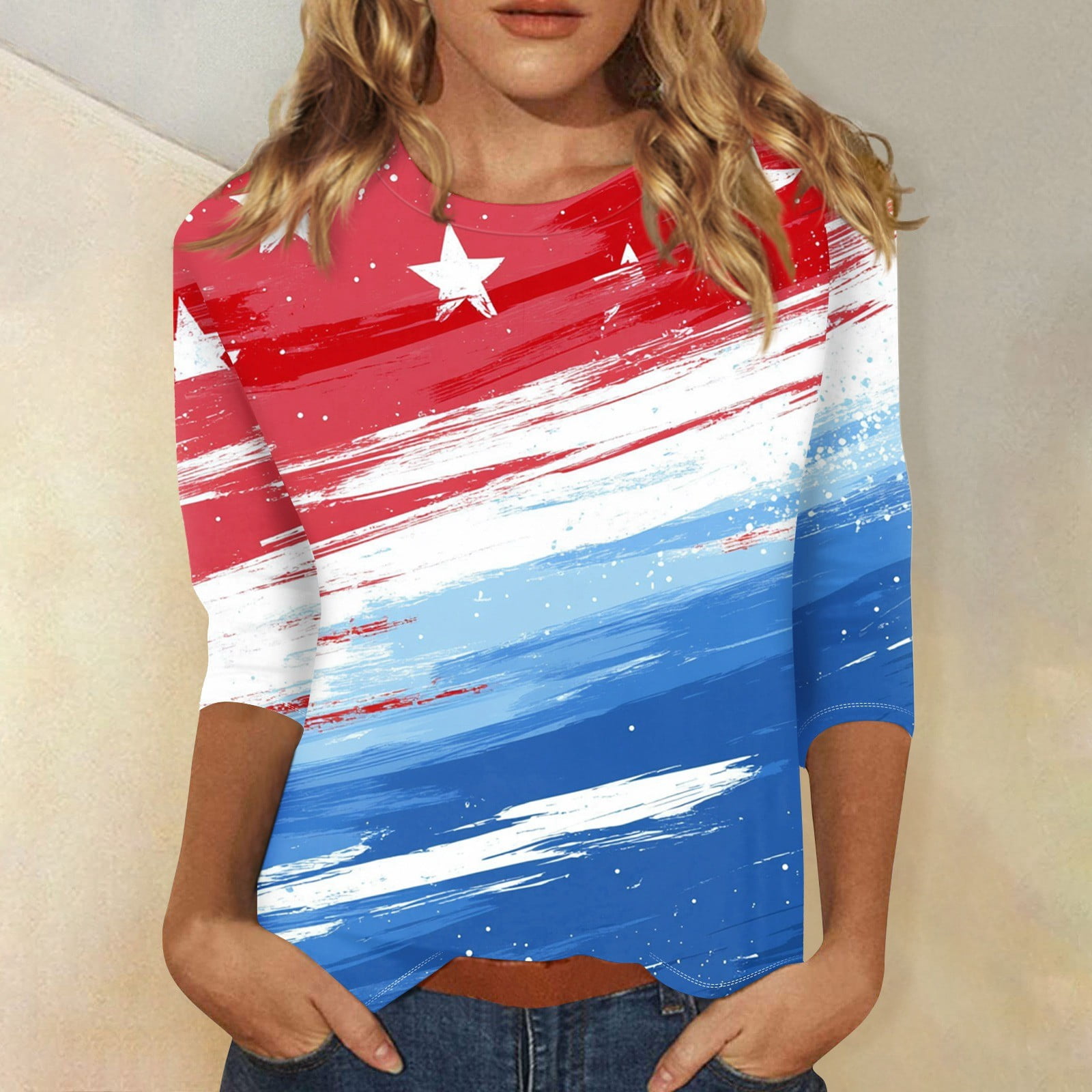 bbyeadc Fourth of July 3/4 Sleeve Shirts for Women 2025 Round Neck ...