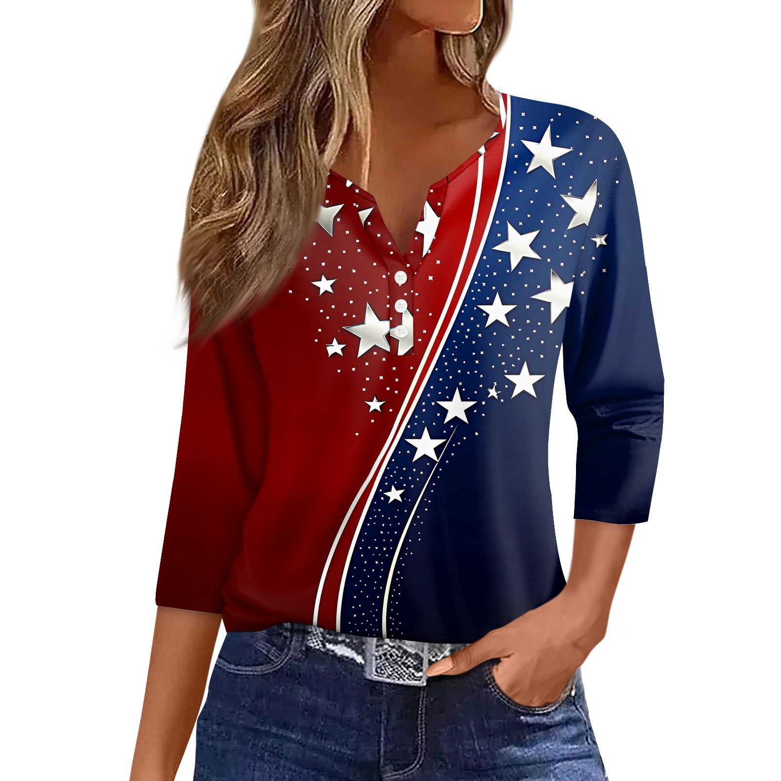 bbyeadc Fourth of July 3/4 Sleeve Tops for Women 2025 Henley Neck ...