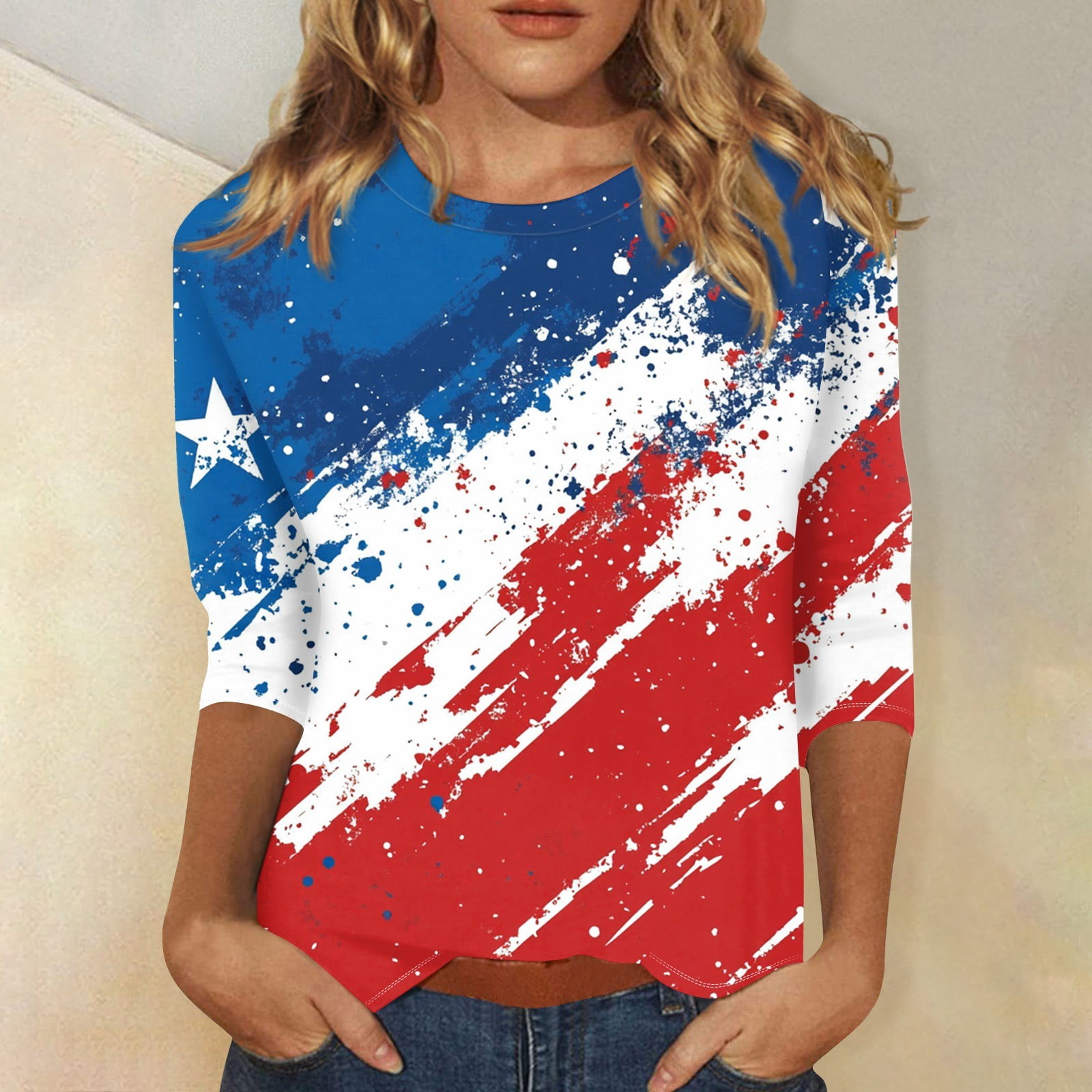 bbyeadc Fourth of July Womens 3/4 Sleeve Shirts 2025 Crew Neck American ...