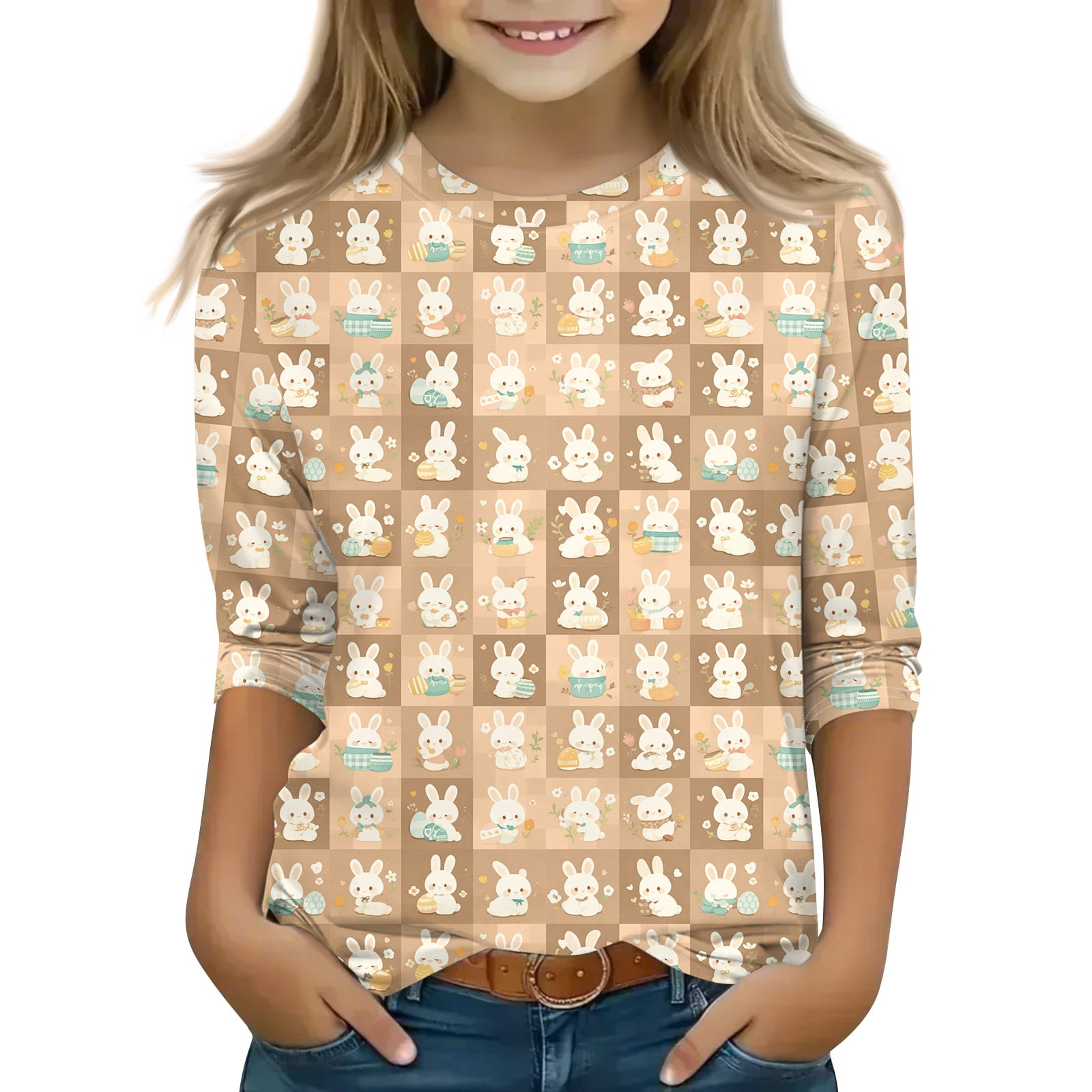 bbyeadc Girls Easter 3/4 Long Sleeve Shirt Happy Easter Rabbit Graphic ...