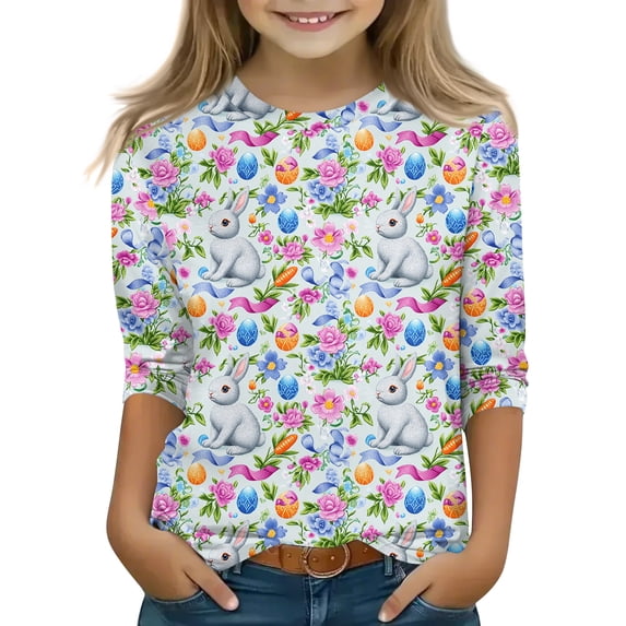 bbyeadc Girls Easter Shirt Happy Easter 3/4 Long Sleeve Tee Casual ...