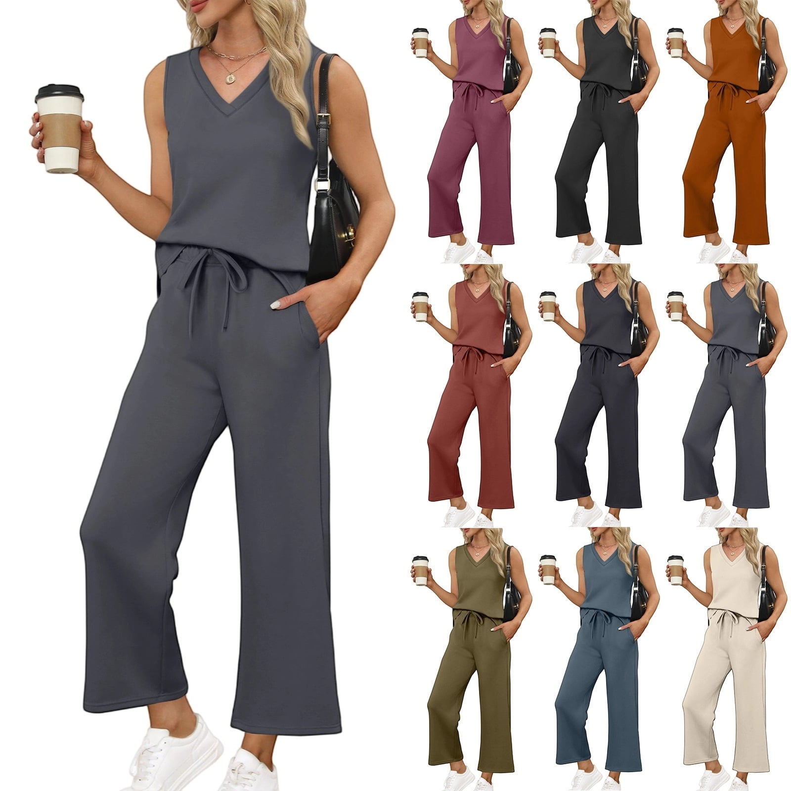 bbyeadc Gray Two Piece Sets for Women Summer V Neck Sleeveless Casual ...