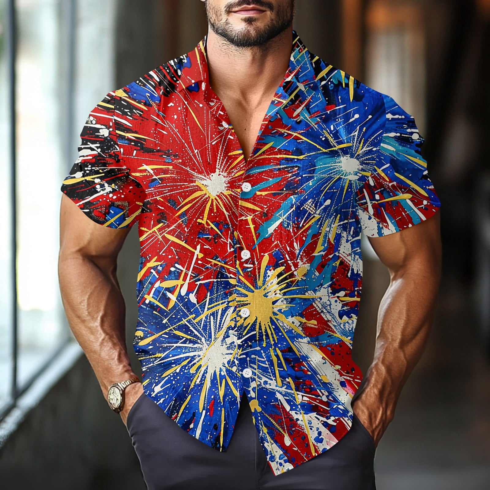 bbyeadc Independence Day Red White and Blue Shirts for Men Patriotic Big and Tall Short-Sleeve ...