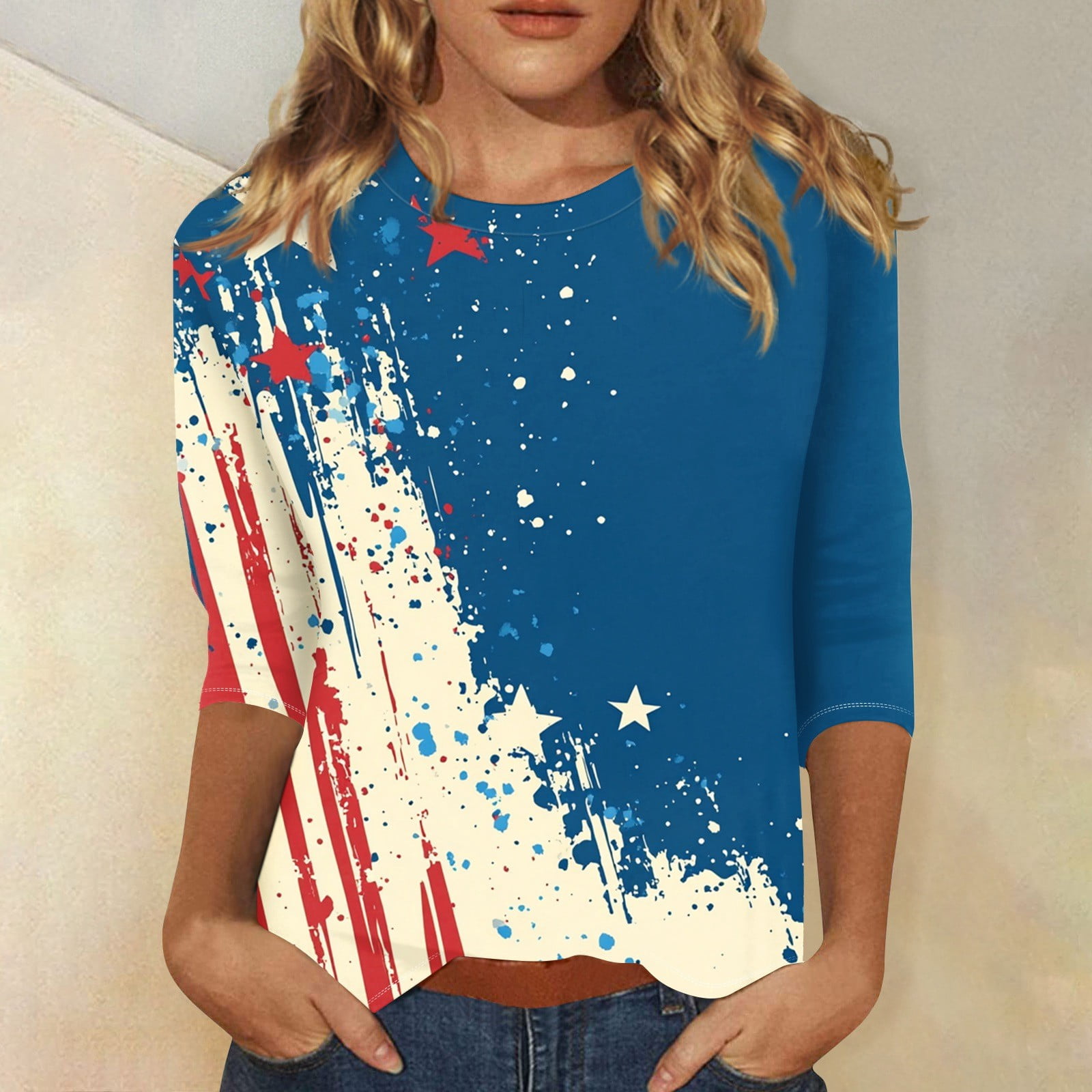bbyeadc Independence Day Womens 3/4 Sleeve Blouses 2025 Crew Neck 4th of July Shirts Three ...