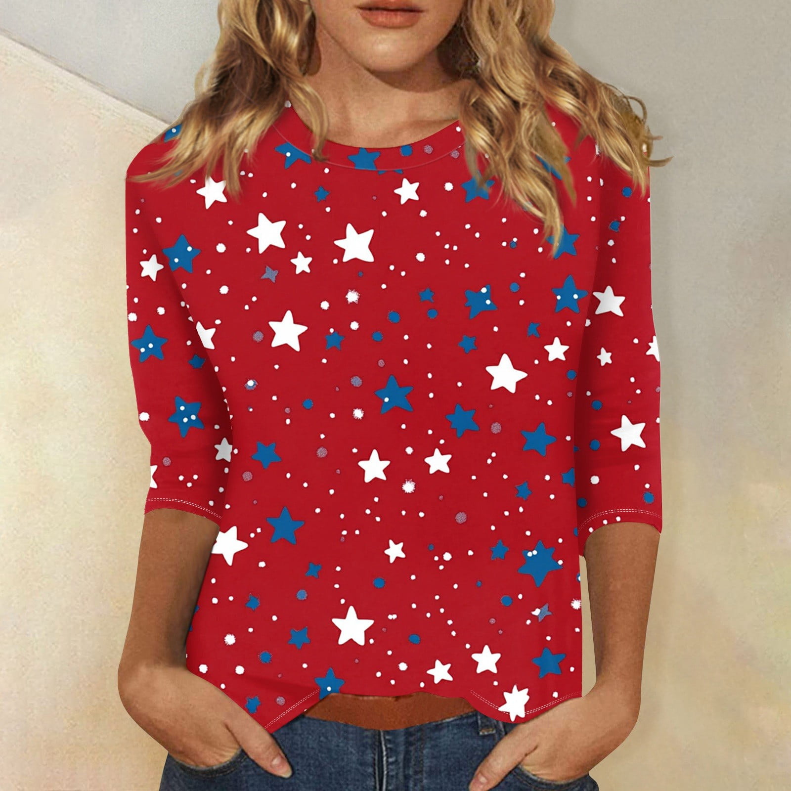 bbyeadc Independence Day Womens 3/4 Sleeve Blouses 2025 Crew Neck 4th of July Shirts Three ...