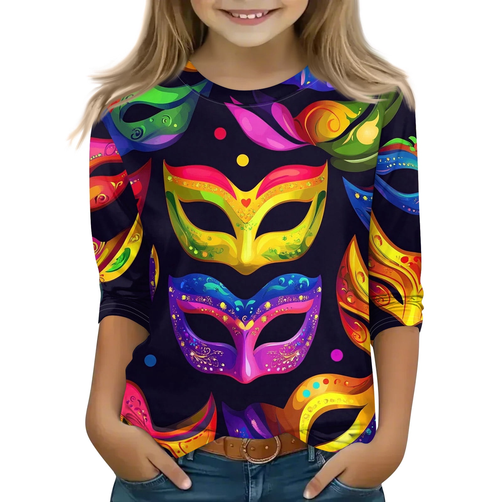 bbyeadc Kids Mardi Gras Shirt Happy Carnival 3/4 Long Sleeve Tee Casual ...
