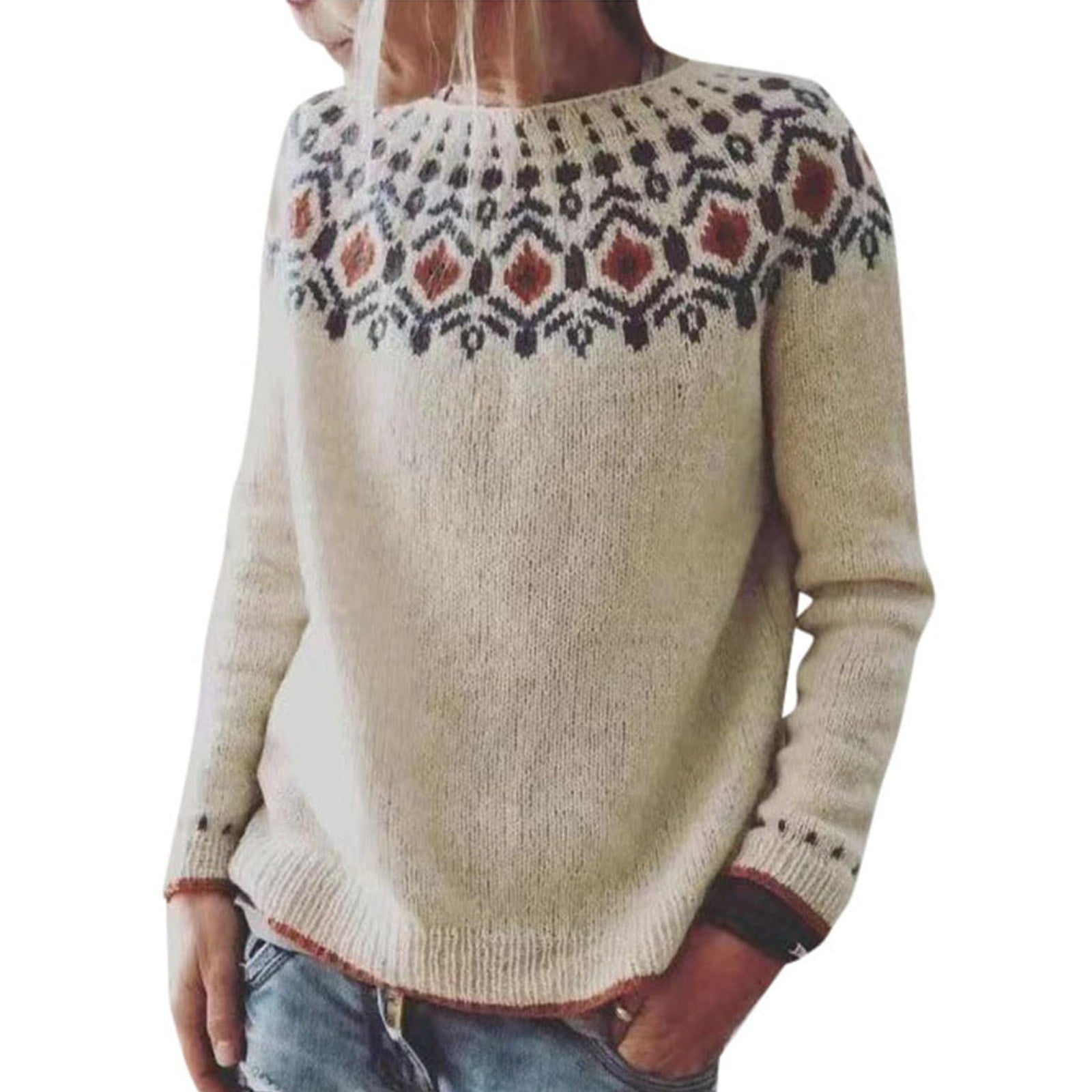 bbyeadc Knitted Fair Isle Sweater for Women Long Sleeve Round Neck ...