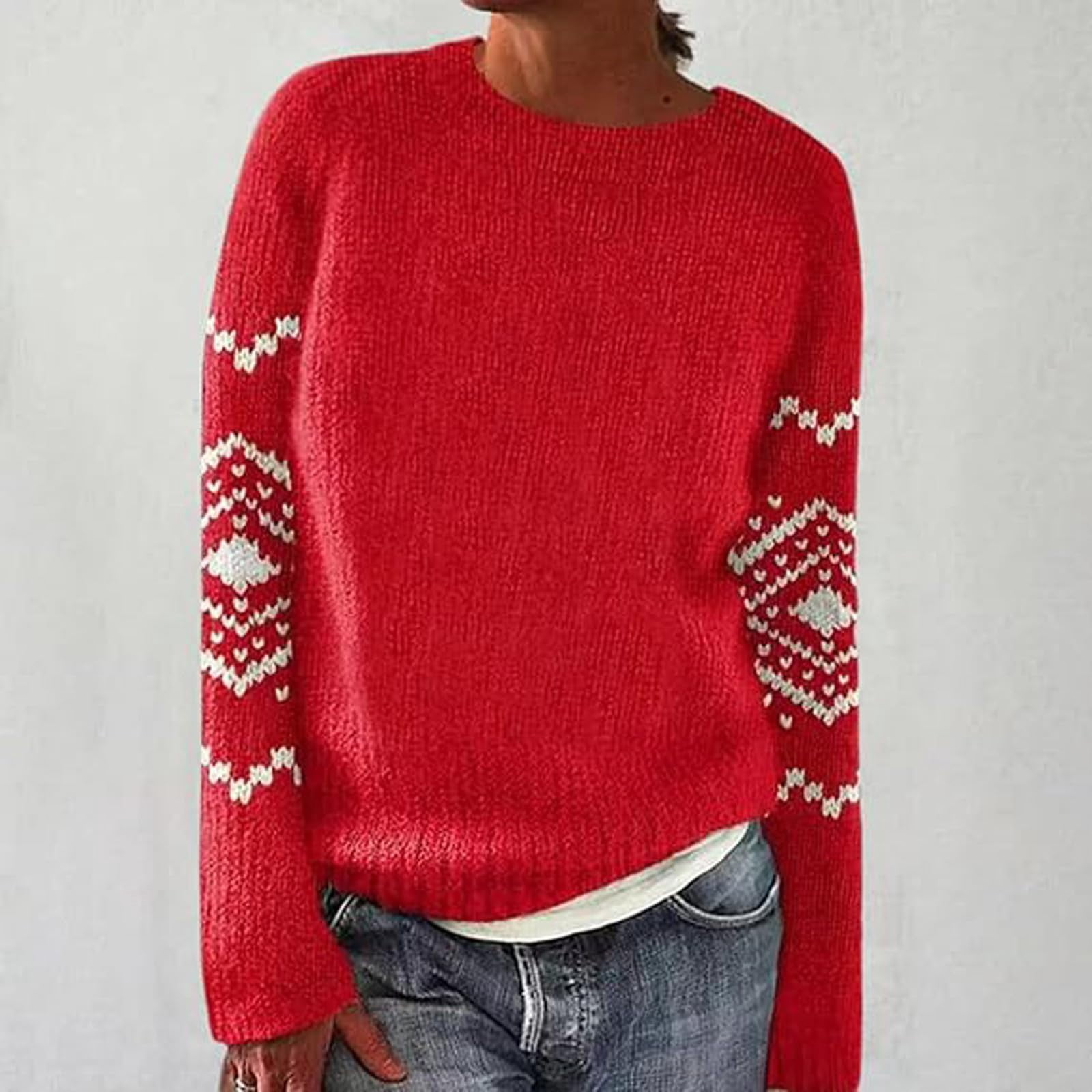 bbyeadc Knitted Fair Isle Sweater for Women Oversize Round Neck Long ...