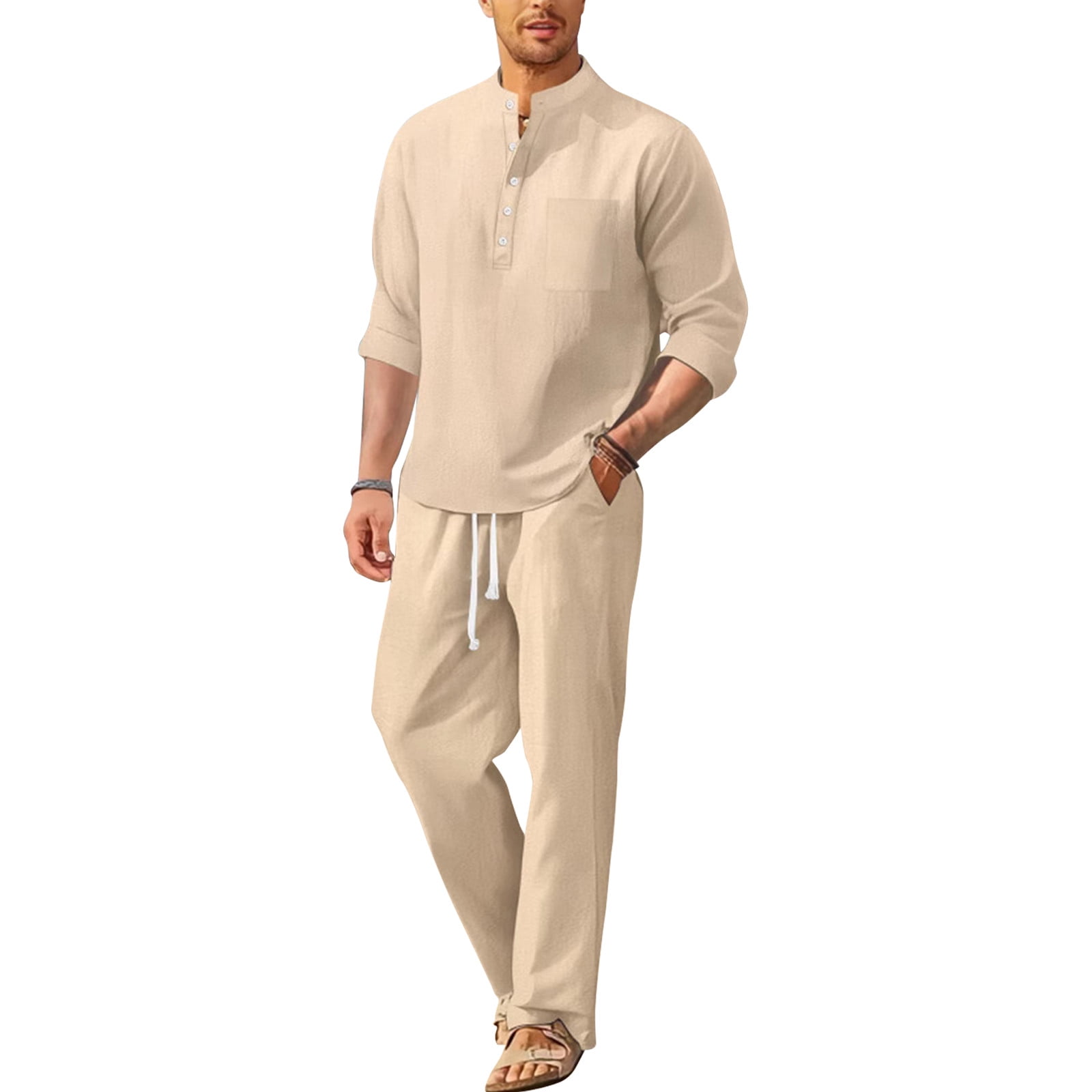 bbyeadc Linen Sets for Men 2 Piece Long Sleeve Button Down Cuban Shirt ...