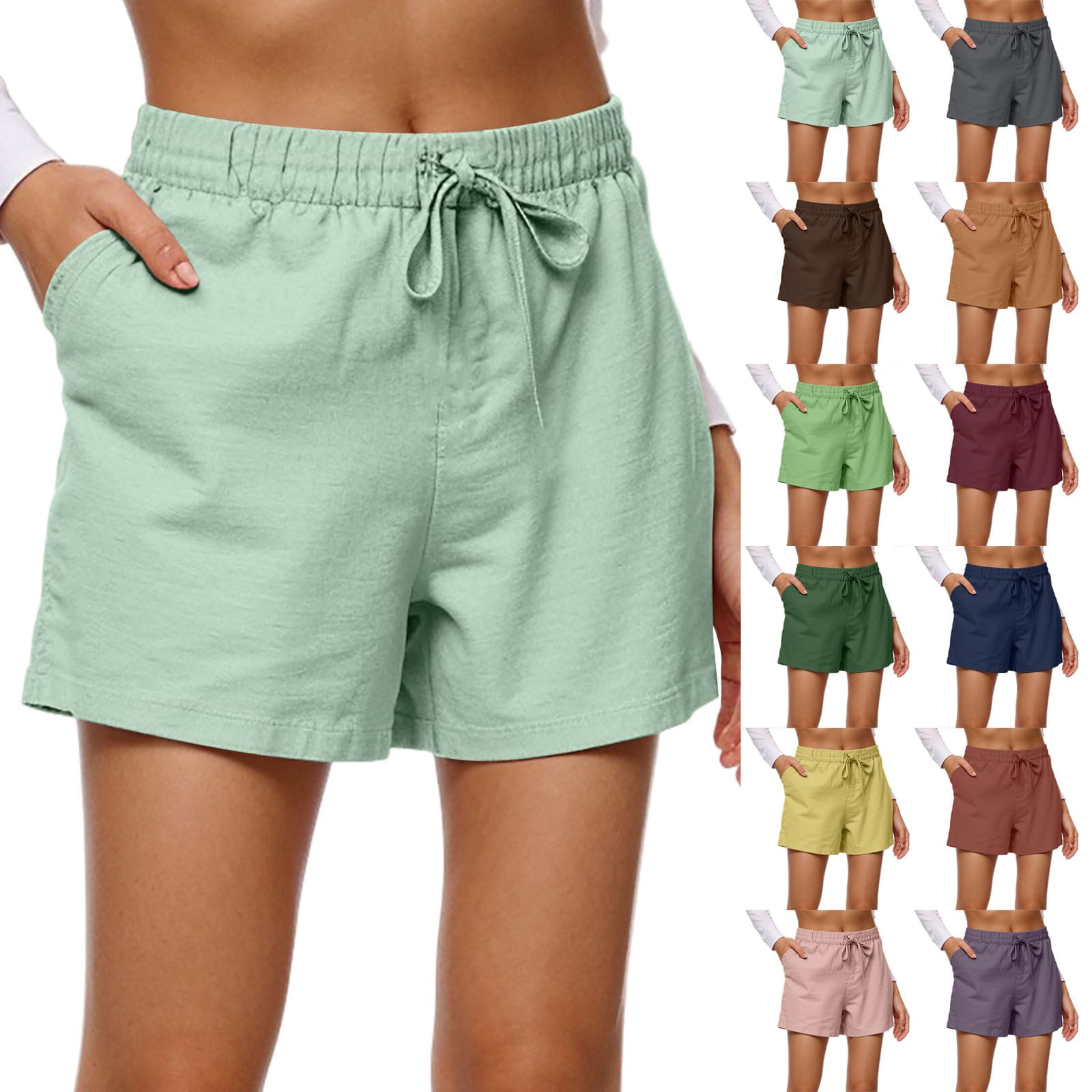 bbyeadc Linen Shorts for Women Elastic High Waist Wide Leg Plus Size ...