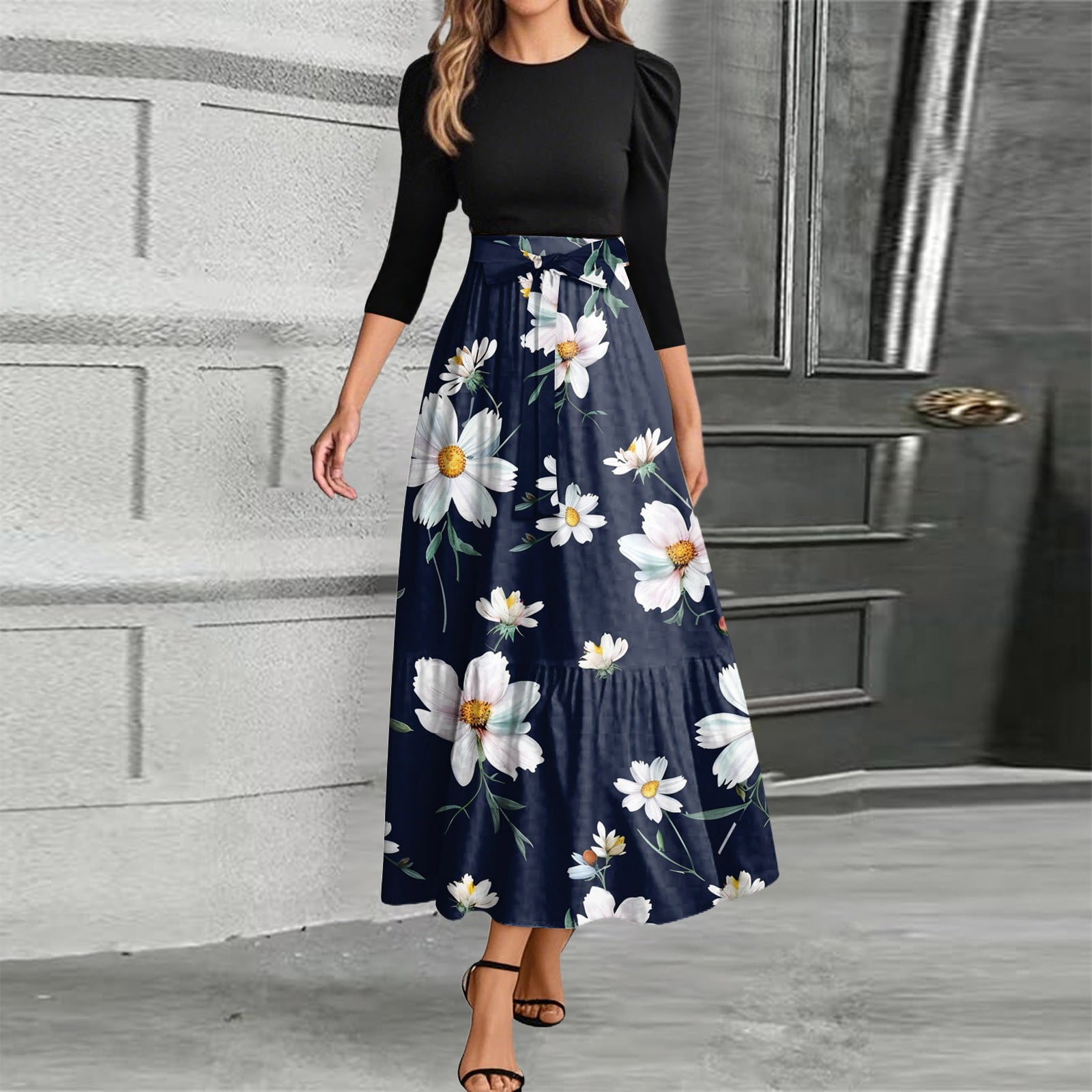 bbyeadc Maxi Dresss for Women Spring Tiered Ruffle 3/4 Sleeve Flowy ...