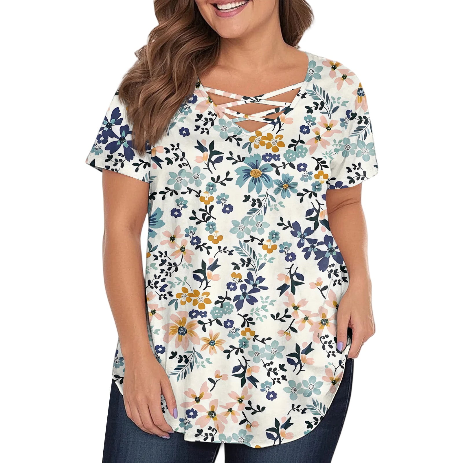 bbyeadc Plus Size Blouses for Women Casual Criss Cross V-Neck Top L-4XL Soft Short Sleeve Tee ...