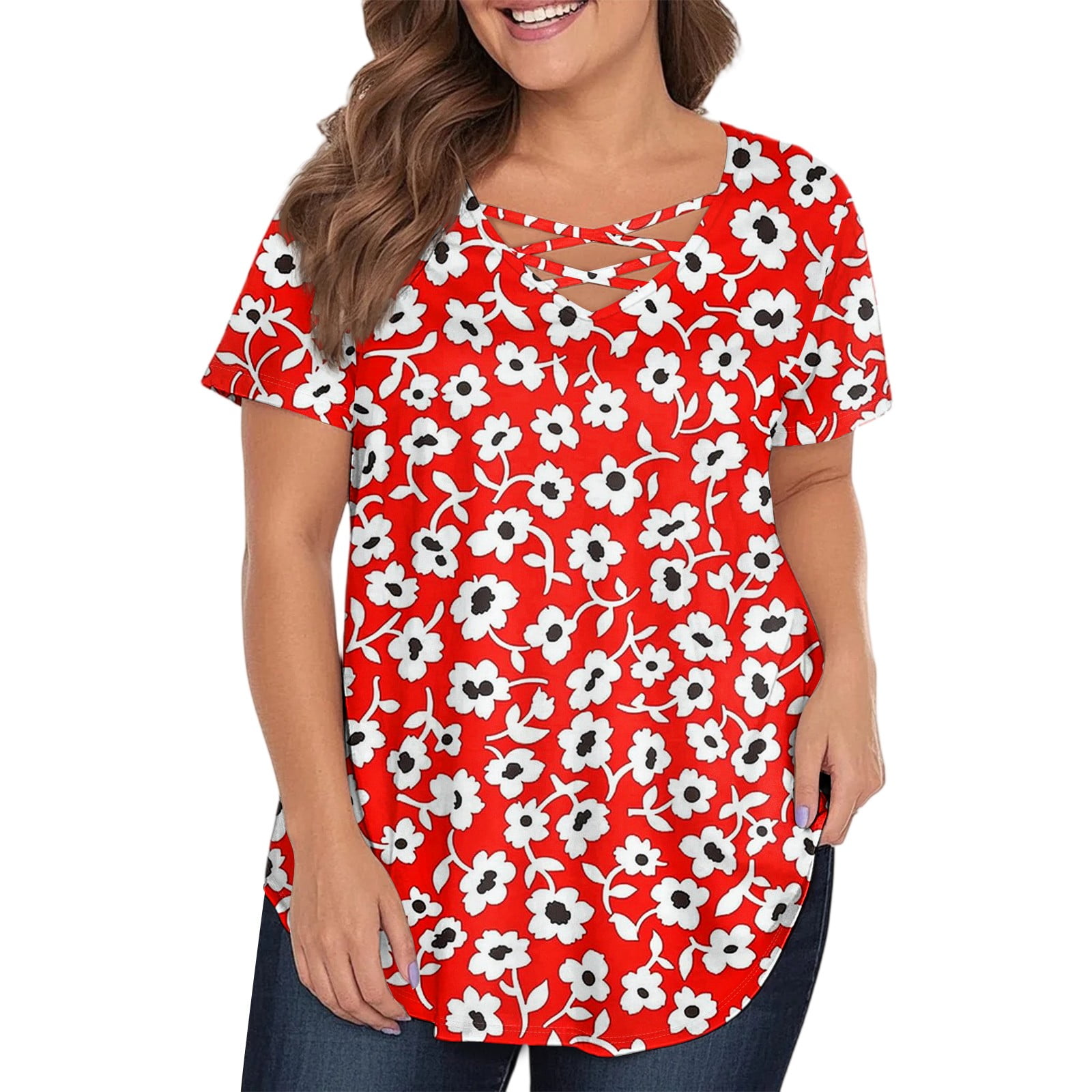 bbyeadc Plus Size Clothes for Women Casual Cross Criss V-Neck Top L-4XL Comfy Short Sleeve Tee ...