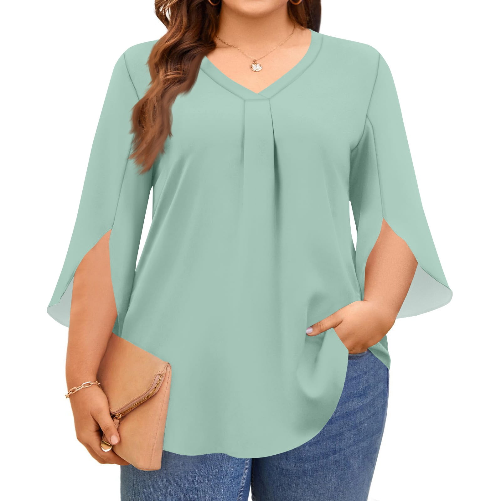 bbyeadc Plus Size Tops for Women Ruched Split Cuff 3/4 Sleeve Tee Tops Casual V Neck Oversized ...