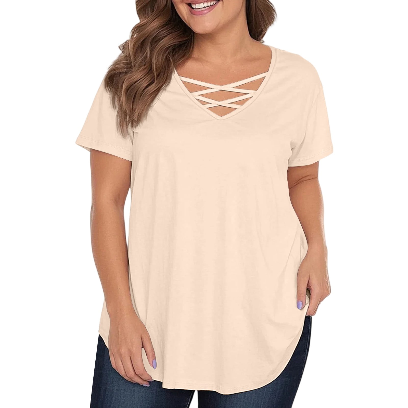 bbyeadc Plus Size Womens Tops Casual Criss Cross V-Neck Blouse L-4XL ...