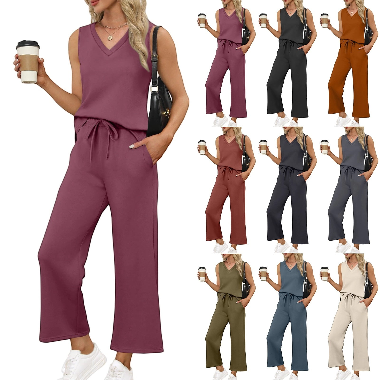 bbyeadc Red Two Piece Sets for Women Summer V Neck Sleeveless Lounge ...