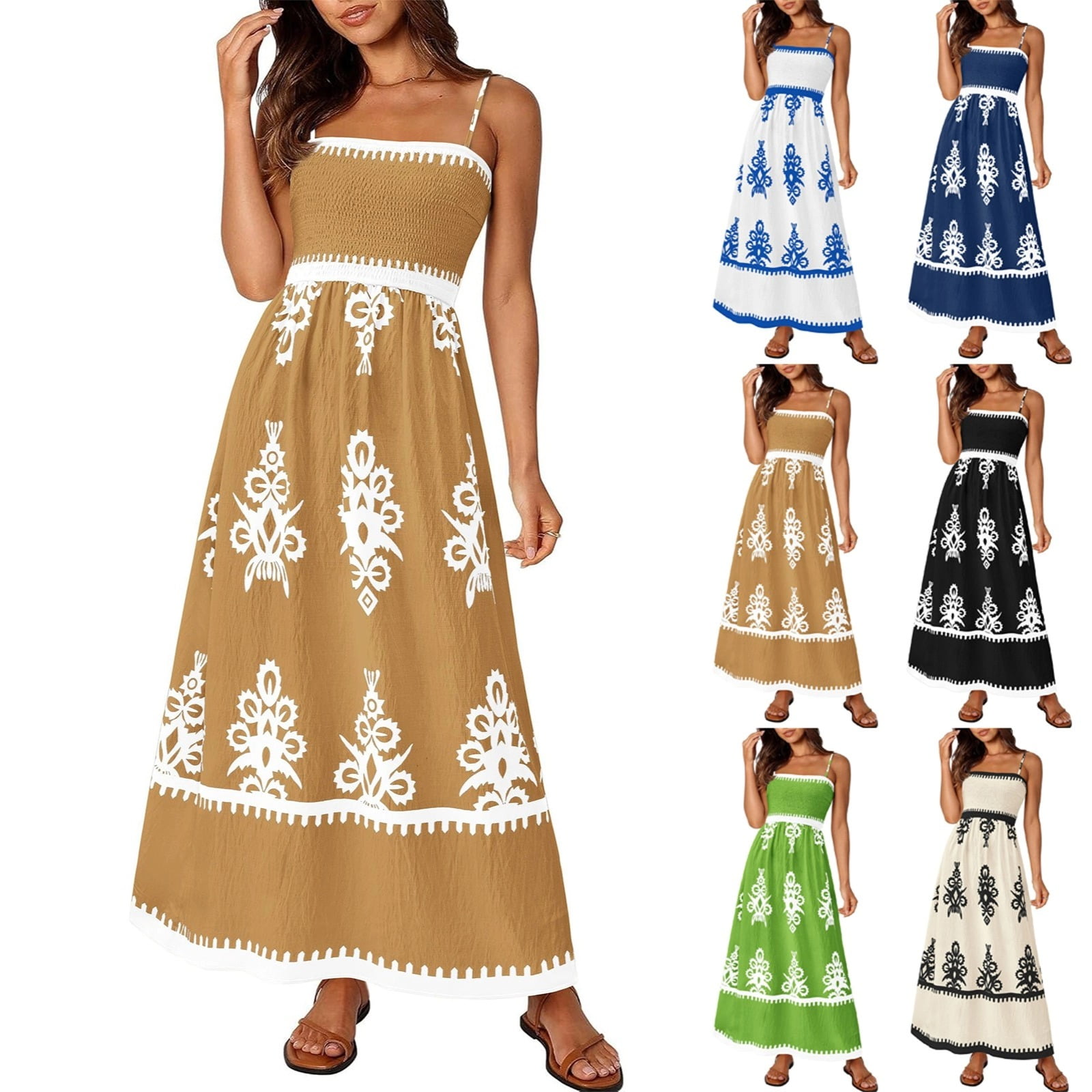 bbyeadc Smocked Maxi Dresses for Women Spring Beige Textured Chest ...