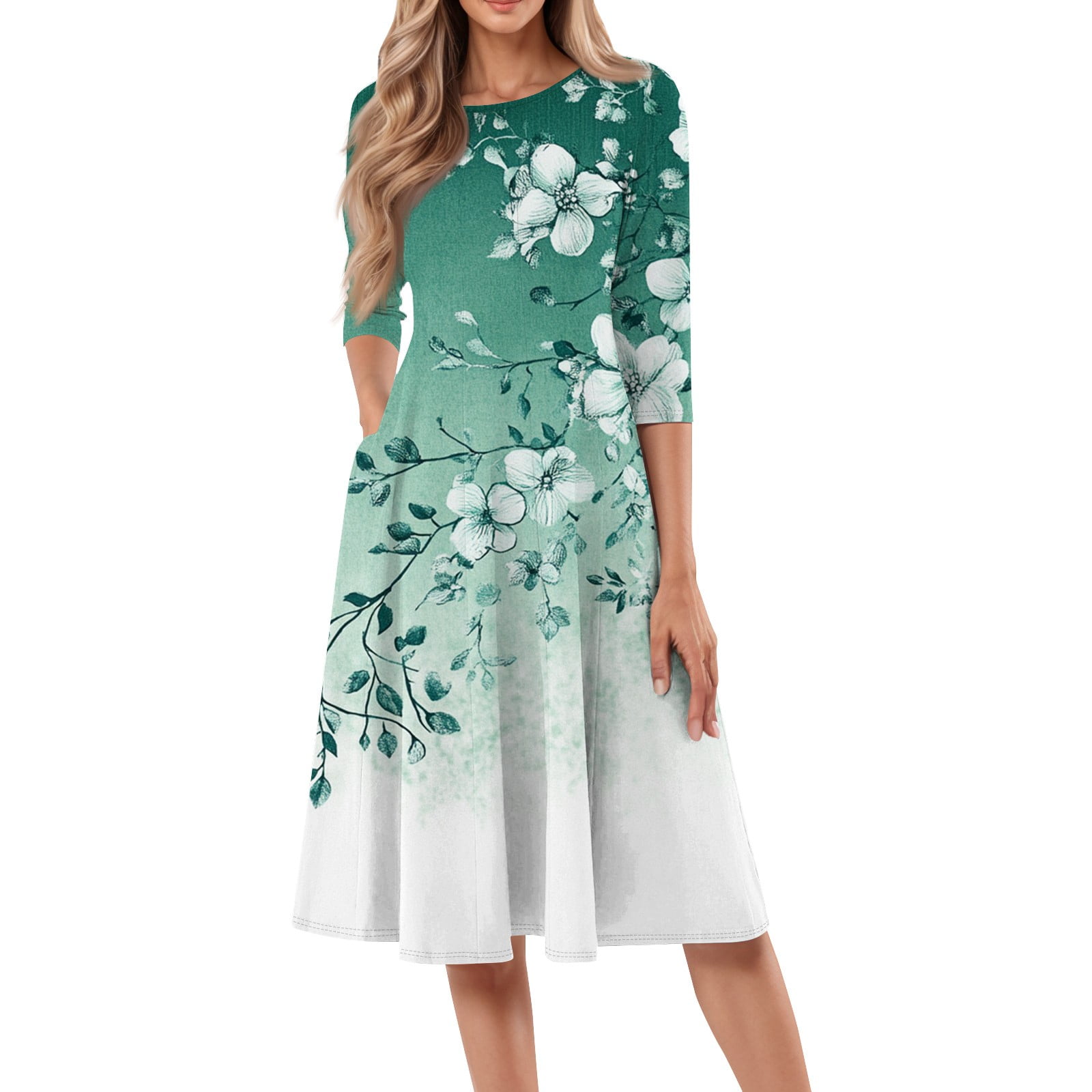 bbyeadc Spring Midi Dresses for Women 2025 Casual Crewneck 3/4 Sleeve A ...