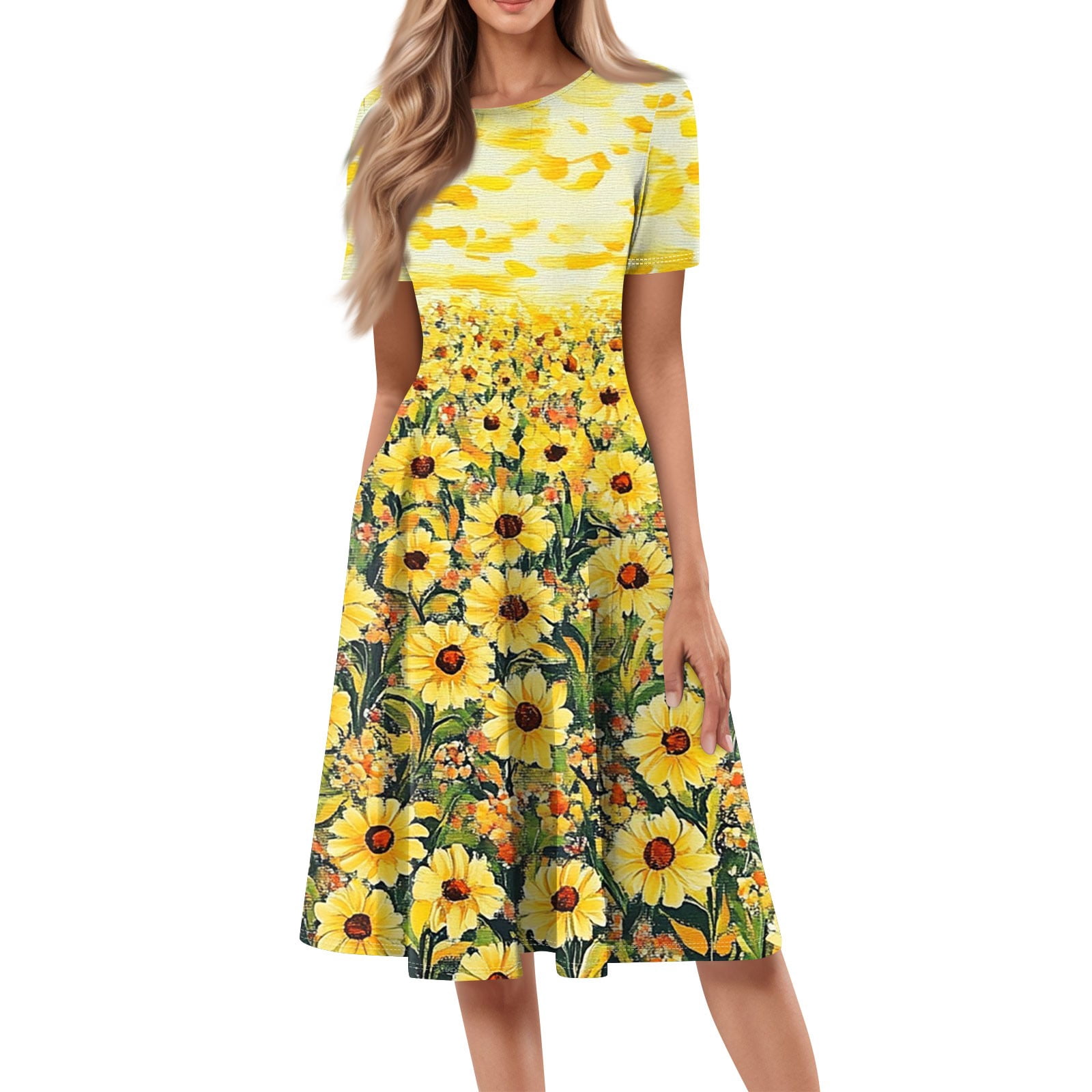 bbyeadc Spring Midi Dresses for Women 2025 Casual Round Neck Short ...
