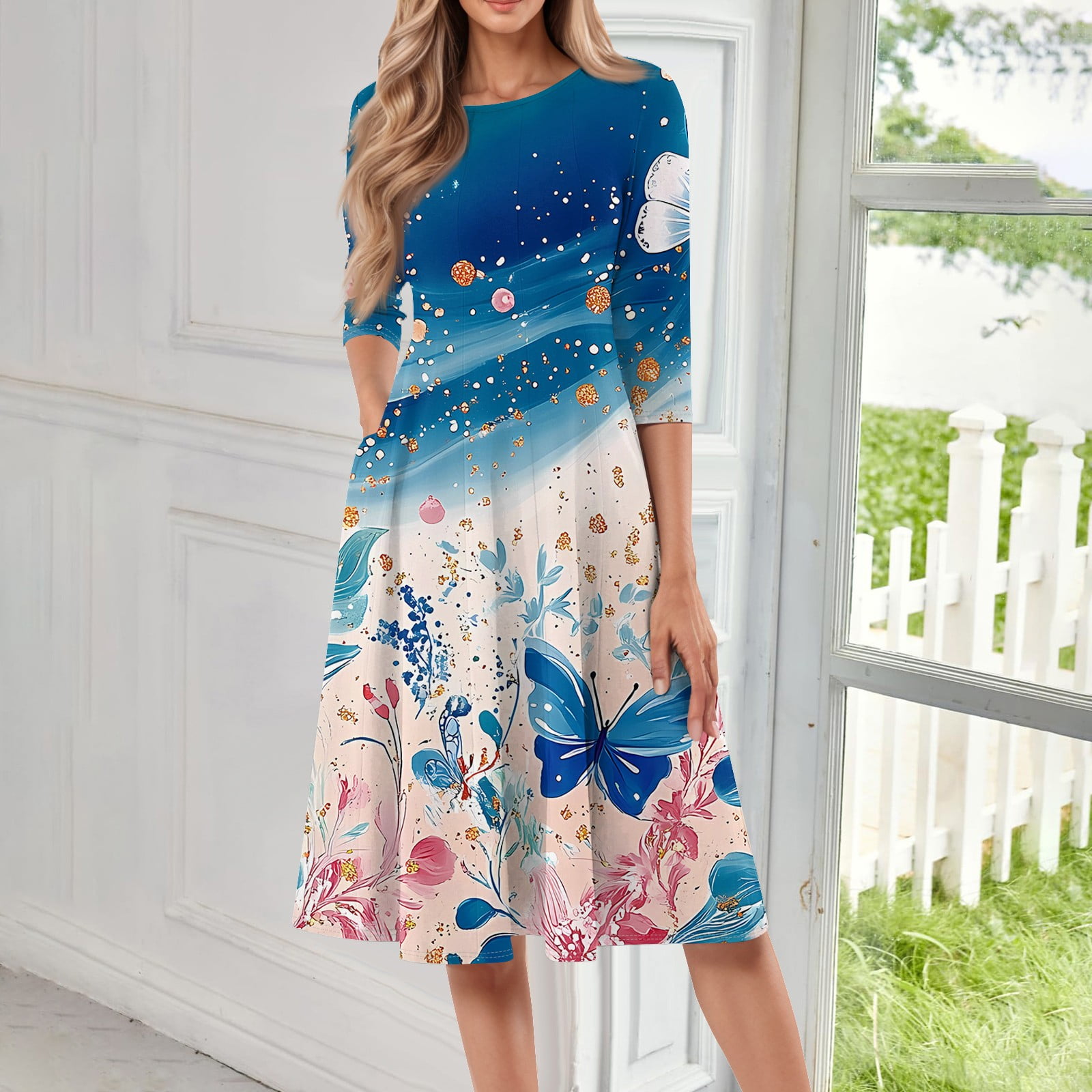 bbyeadc Summer Dresses for Women 2025 Loose Casual Mid-Length Dresses Vintage 3/4 Sleeve ...