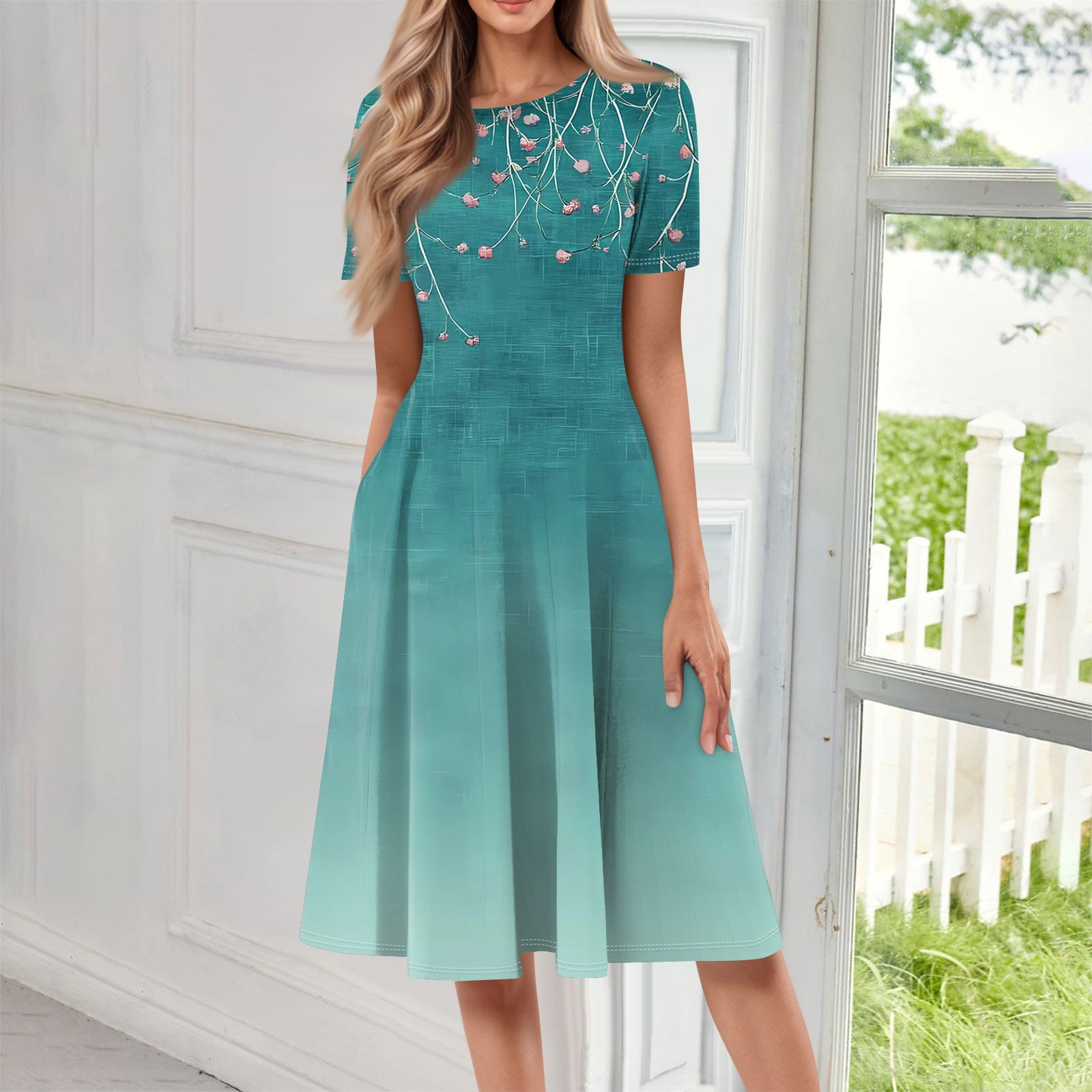 bbyeadc Summer Midi Dresses for Women 2025 Casual Crewneck Short Sleeve ...