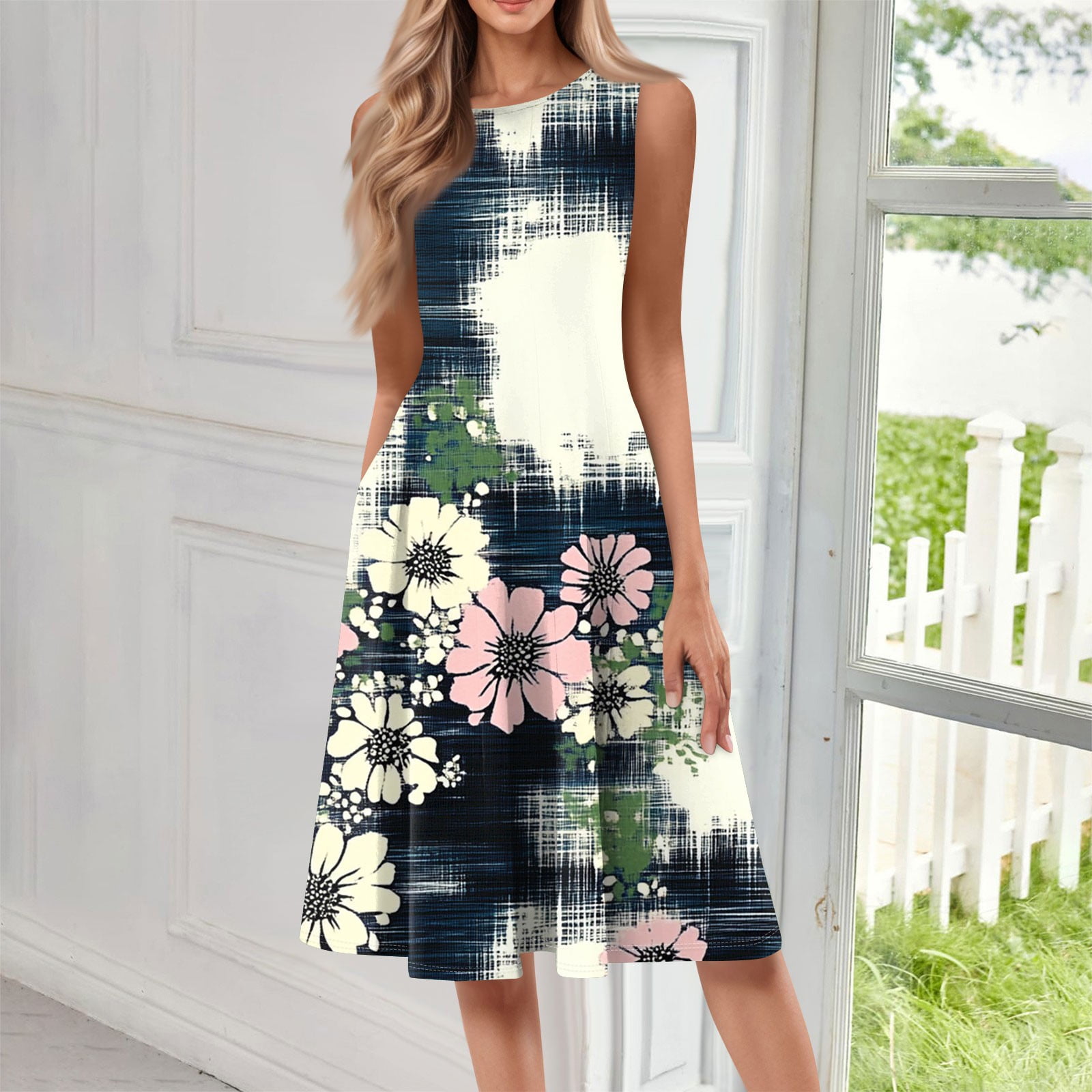 bbyeadc Summer Midi Dresses for Women 2025 Vintage Sleeveless Round ...