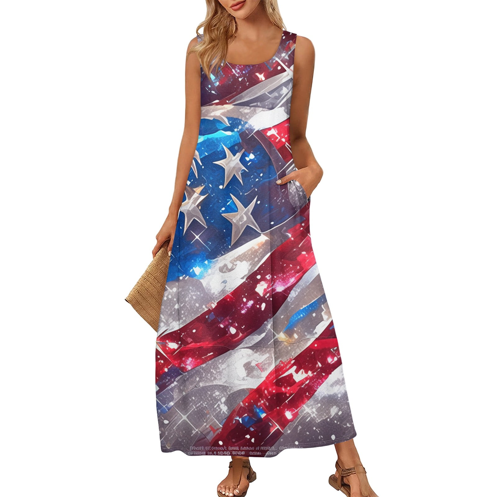 bbyeadc USA Flag Maxi Dresses for Women Patriotic Sleeveless 4th Of ...