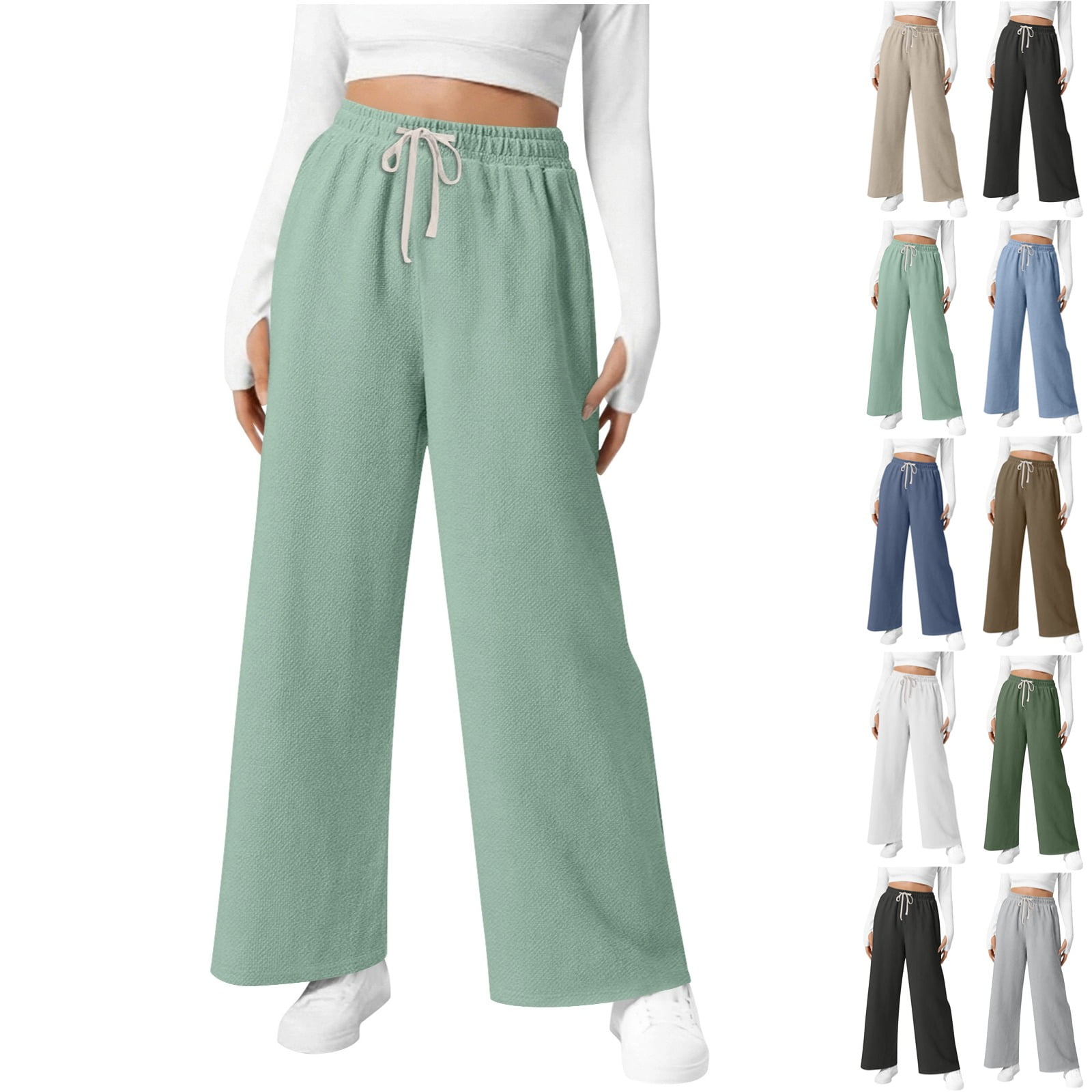 bbyeadc Waffle Texture Pants for Women Casual Cargo Trousers Wide Leg Loose Lightweight Trousers ...
