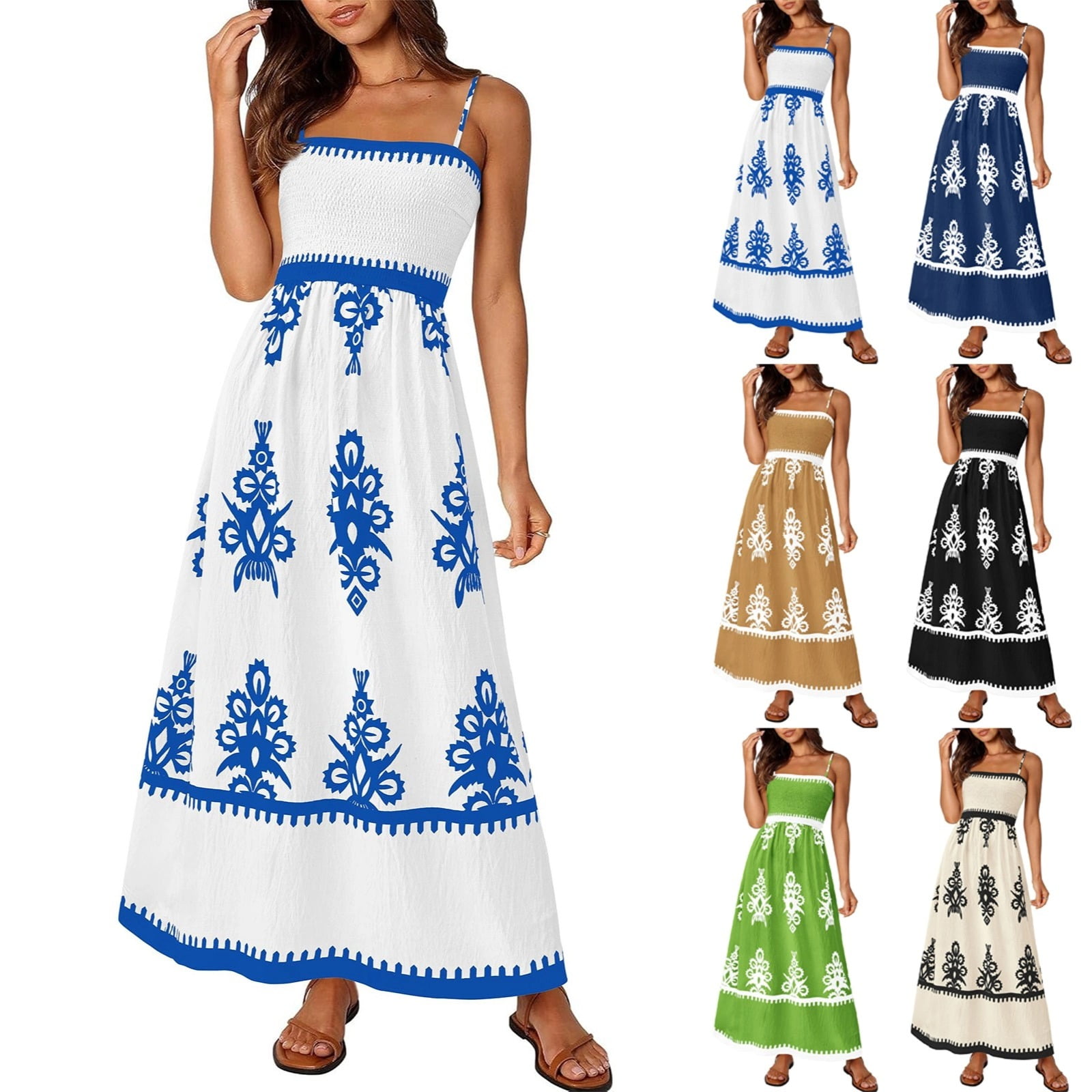 bbyeadc White Smocked Maxi Dresses for Women Spring Textured Chest Boho ...