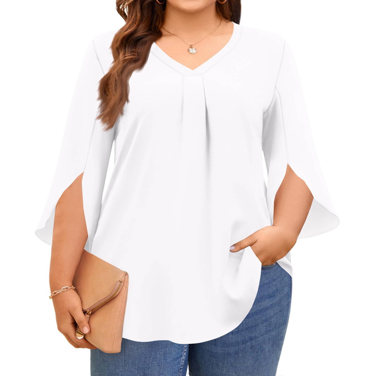 bbyeadc Women Plus Size Blouses Casual V Neck 3/4 Sleeve Tshirts Dressy ...