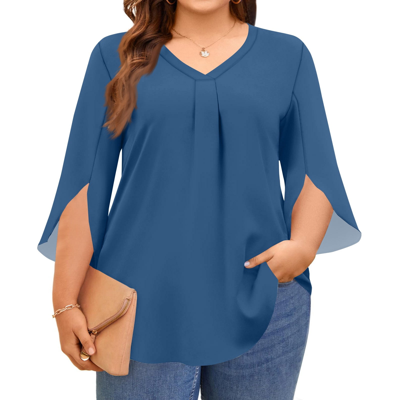 bbyeadc Women Plus Size Blouses Casual V Neck 3/4 Sleeve Tunic Blouses ...