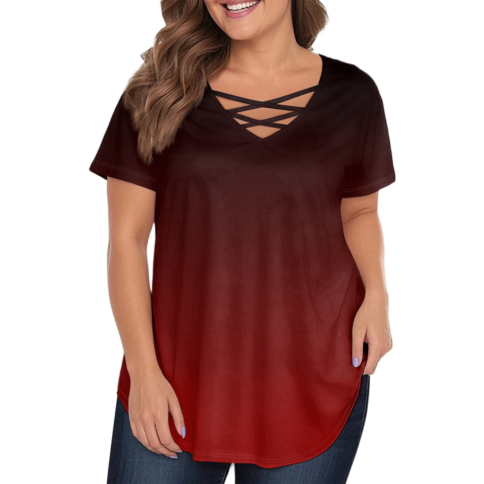 bbyeadc Women Plus Size Tops Casual Criss Cross V Neck Top L-4XL Soft ...