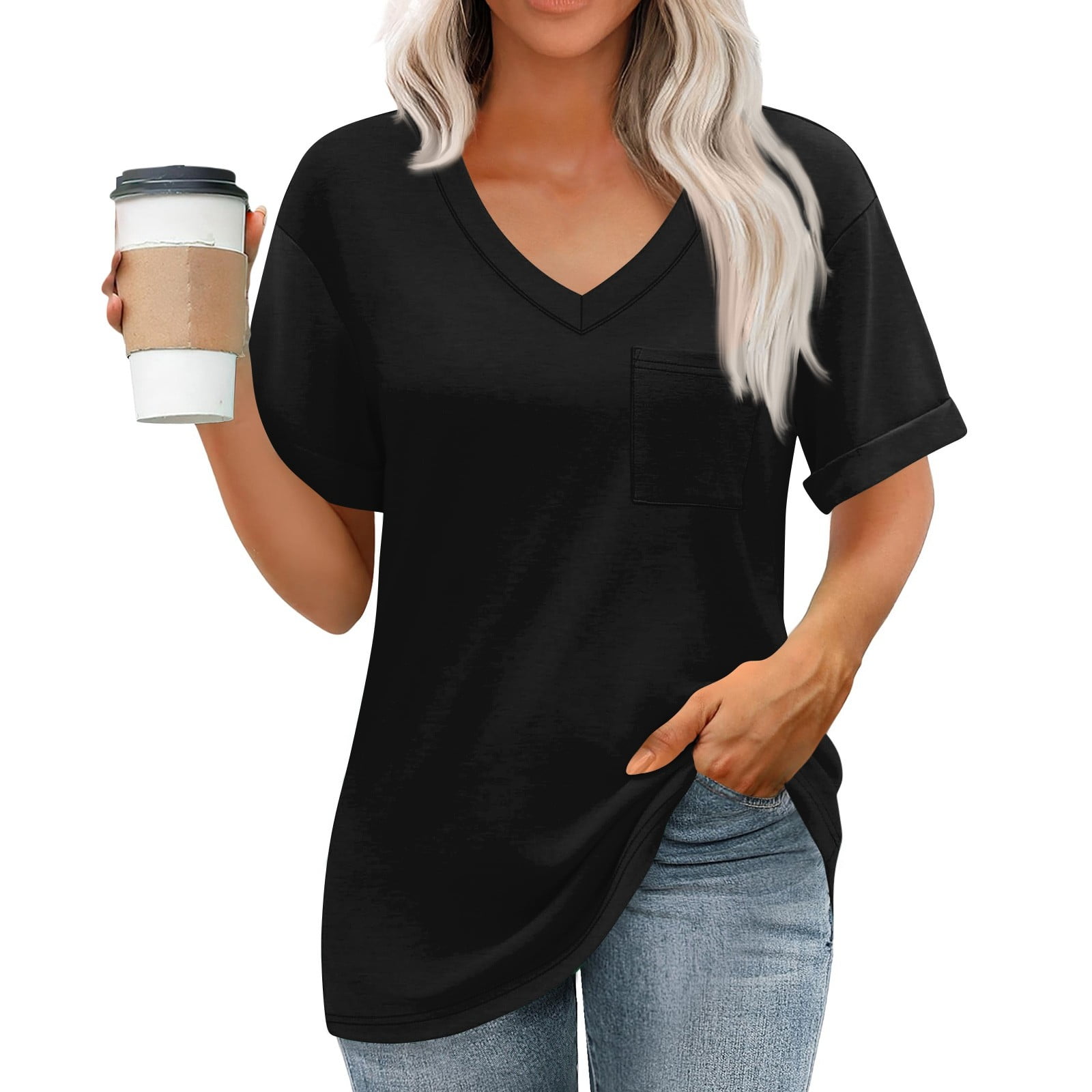bbyeadc Women's 2025 Short Sleeve V Neck Tee Tops Summer Basic Loose ...