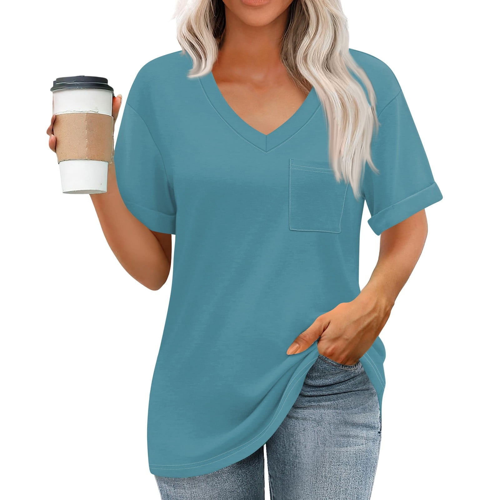 bbyeadc Women's Black T-Shirts Short Sleeve Chest Pocket Dressy Casual ...
