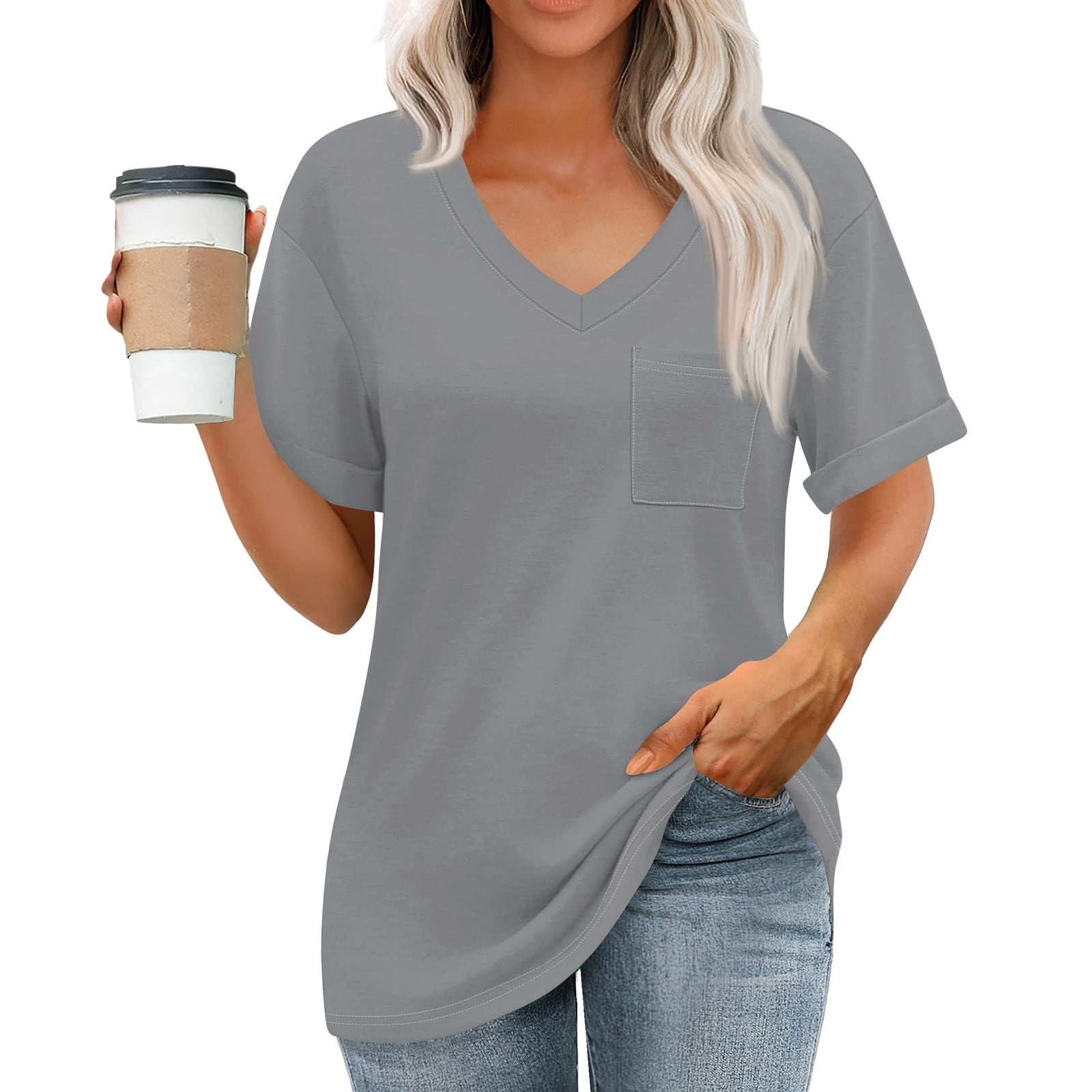 bbyeadc Women's Black T-Shirts V Neck Short Sleeve Casual Tops Loose ...