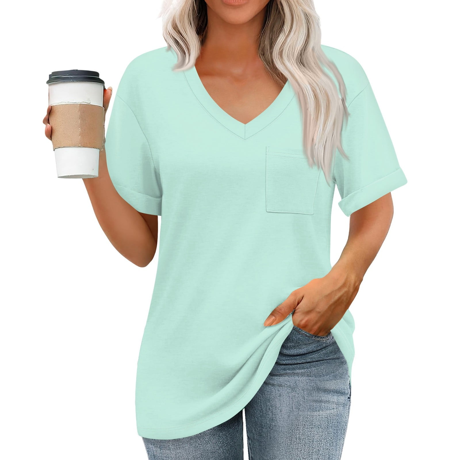 bbyeadc Women's Black T-Shirts V Neck Short Sleeve Casual Tops Loose ...