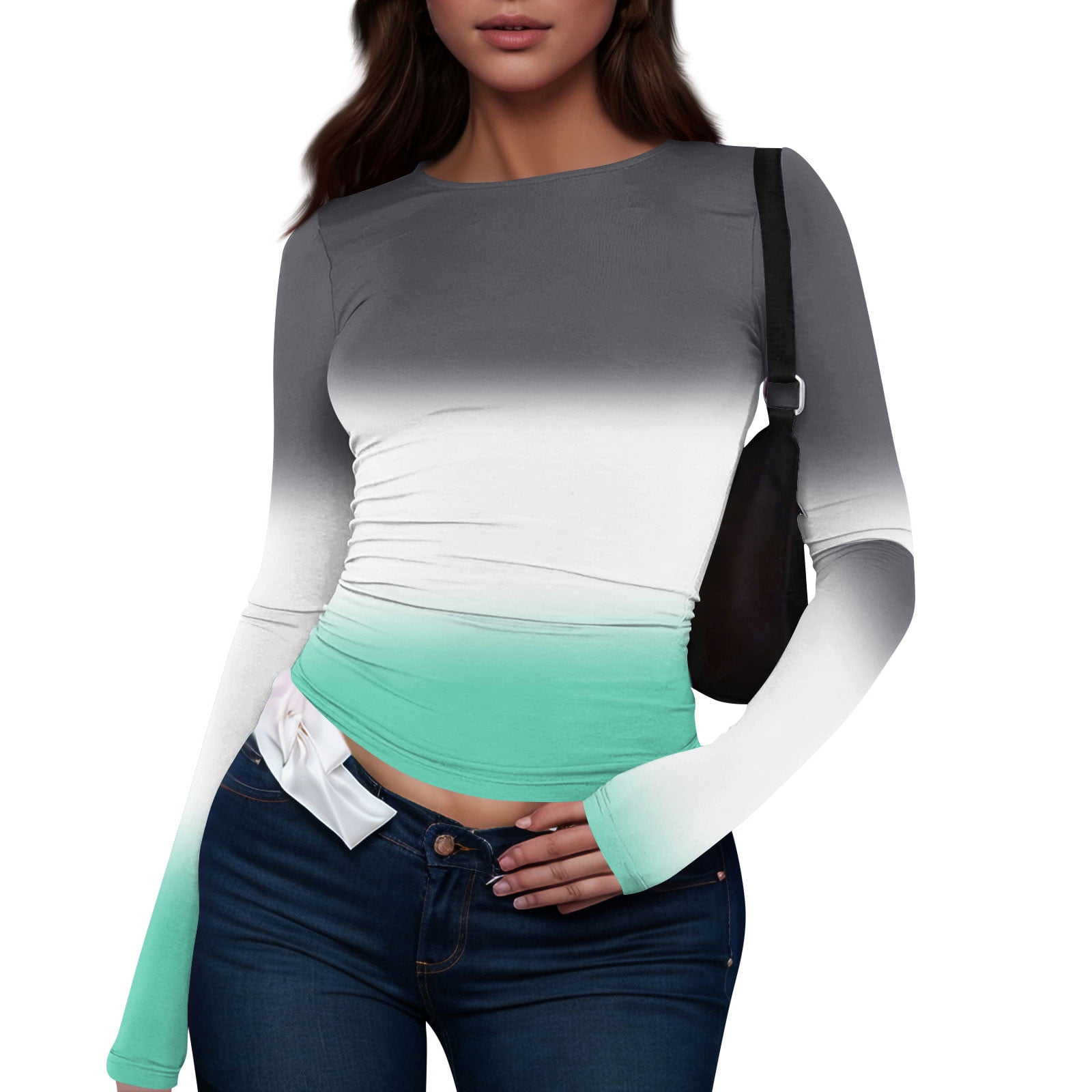 bbyeadc Women's Gray Long Sleeve Shirts Round Neck Strechy Going Out ...