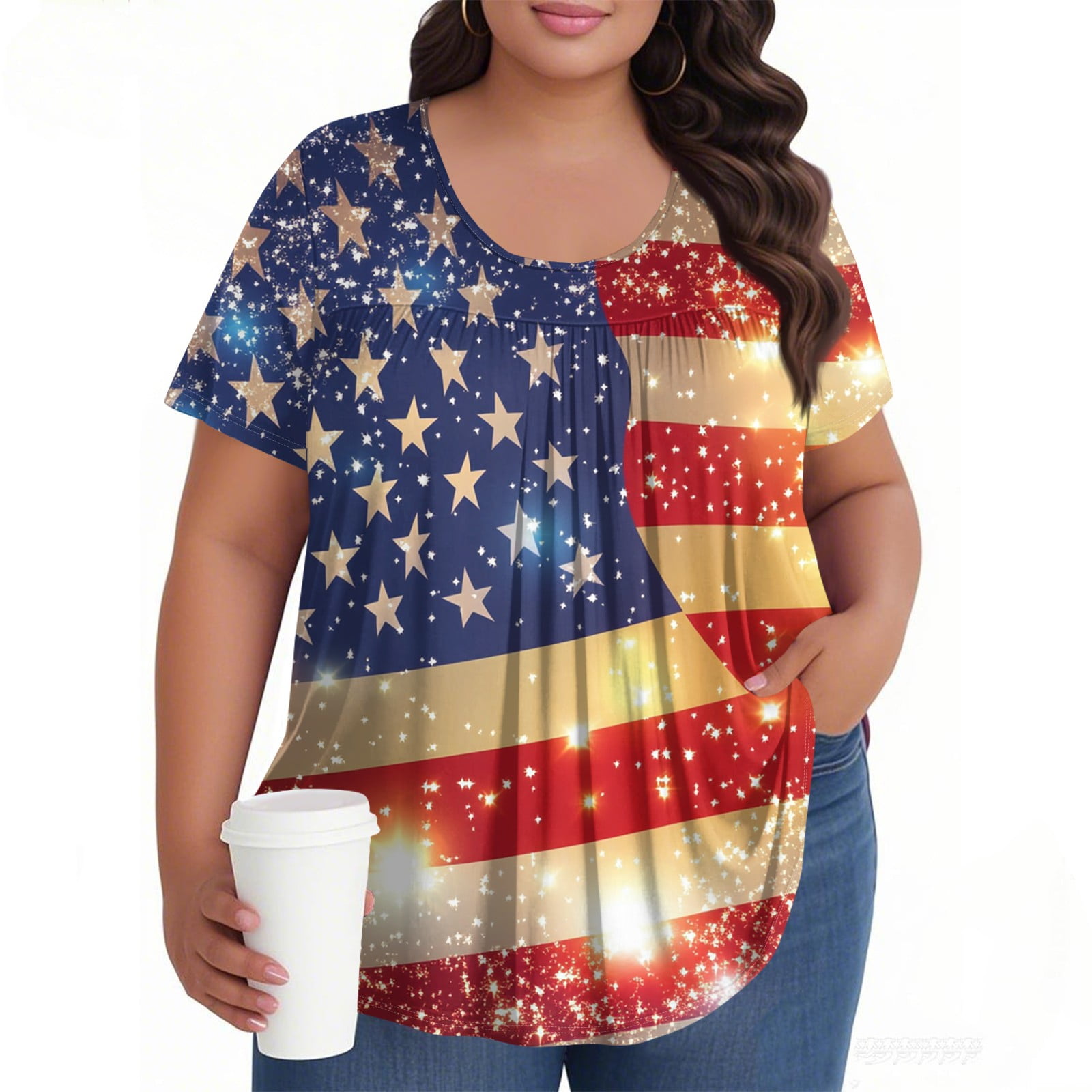 bbyeadc Women's Independence Day American Flag Shirt Plus Size Blood T Shirts Round Neck Short ...